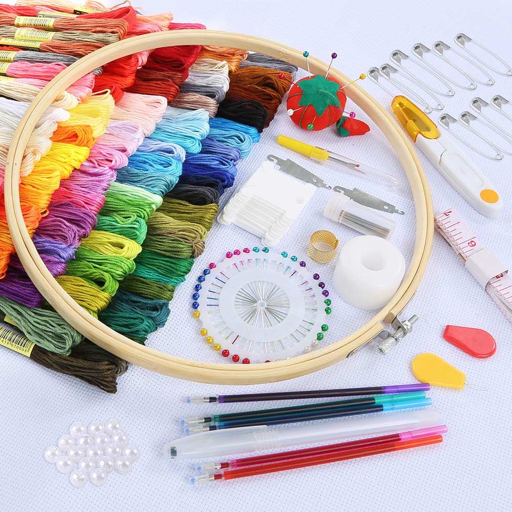 Caydo 244 Pieces Embroidery Kit with 100 Colors Threads, 40 Sewing Pins, 3 Pieces Aida Cloth, Instructions, Embroidery Hoops and Cross Stitch Tools for Adults and Kids Beginners