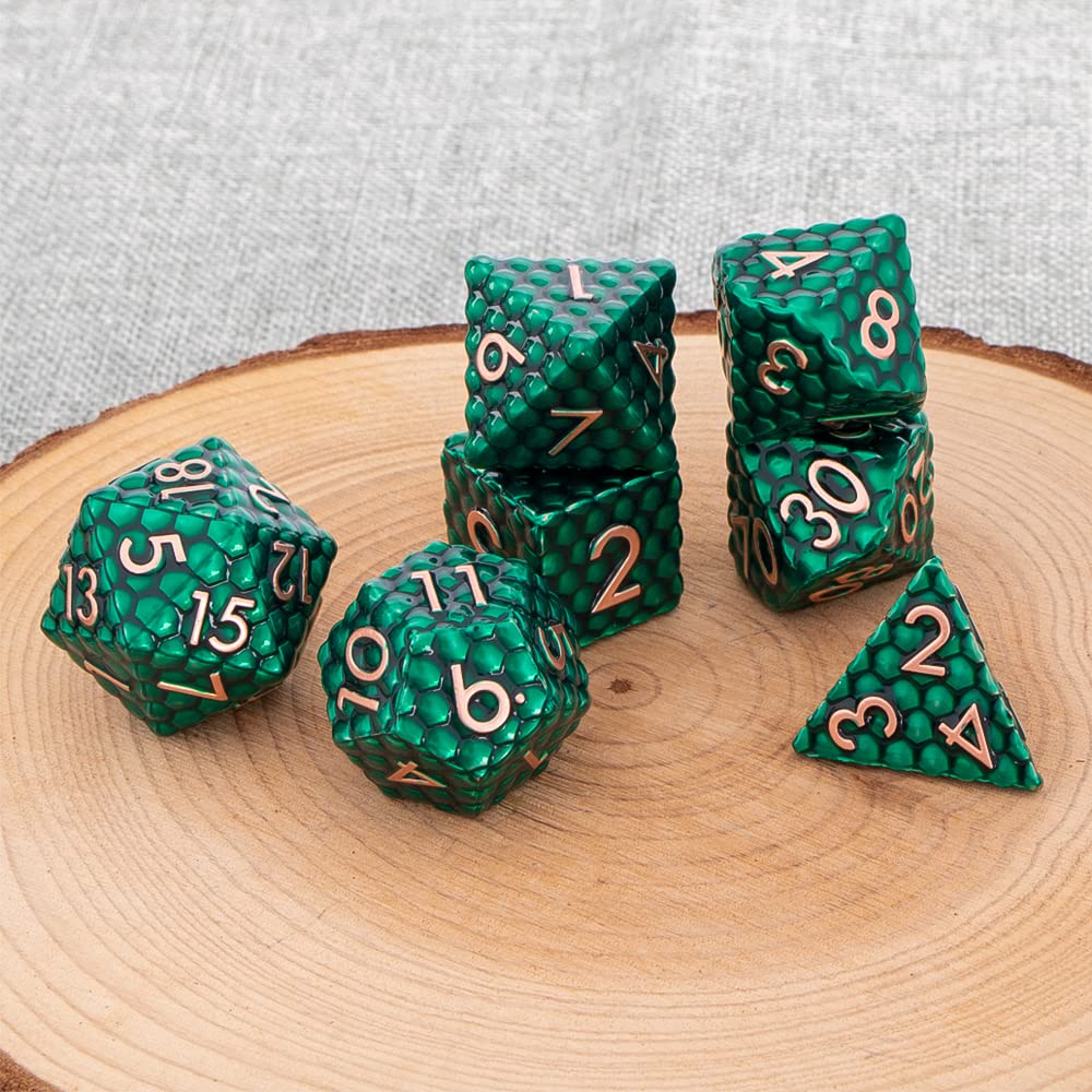 Dungeons and Dragons Dice Metal DND Polyhedral Dice Set, OUKELANWO Green D&D Dice Set with Gift Box, Dragon Scale Dice Set Large 20 Sided Roll RPG Role Playing Games, MTG, Pathfinder, Warhammer