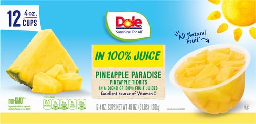 Dole Pineapple Paradise Pineapple Tidbits in a Blend of 100% Fruit Juices Snacks, 4oz 12 Total Cups, Gluten & Dairy Free, Bulk Lunch Snacks for Kids & Adults