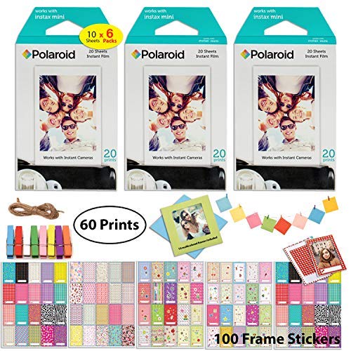 Polaroid Instant Film (60 Sheets) 6 x Instant Film 10 Shots per Pack + 10 Hanging Picture Frames + 60 Sticker Frames Accessory Bundle - Designed for use with Fuji Instax Mini & PIC 300 Cameras PIF300