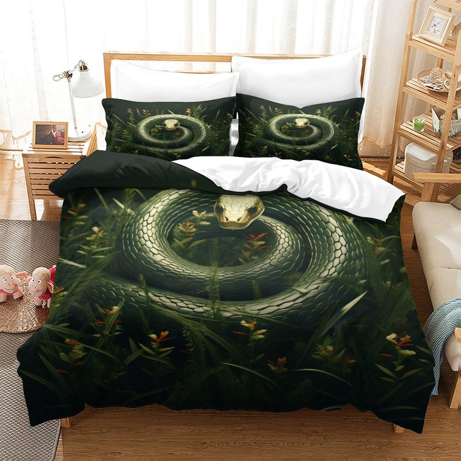 JALYKA Bedding Set 3D Print Snake Duvet Cover Set Animal Theme Comforter Cover with Pillow Shams with Zipper Microfiber 3Pcs Bedspread Cover for Kids Teens Adults Twin(173x218cm)