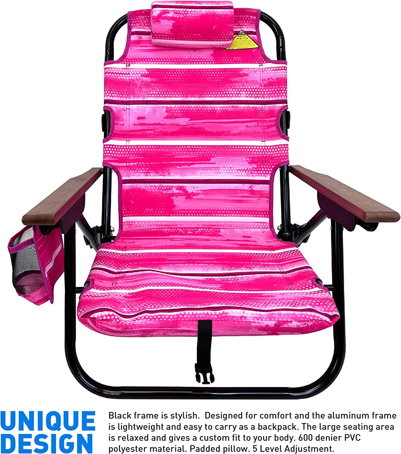 EasyGo Product Backpack Beach Chair 5 Positions and Cup Holder Pouch on Side Padded Pillow Storage Bag on Back Lightweight Rustproof Aluminum Black Frame, 2 Pack Pink & Blue