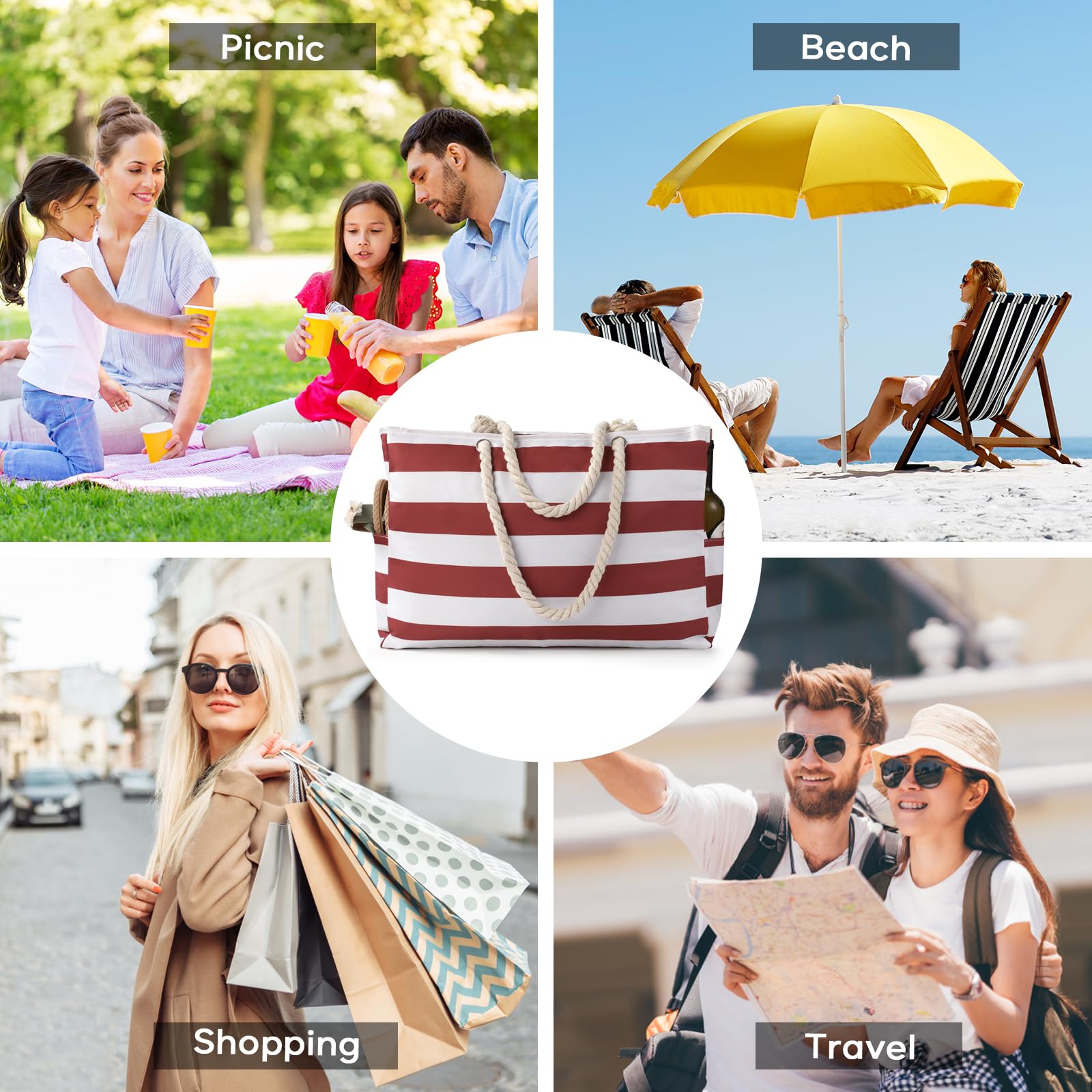 Clothirily Beach Bag for Women - Large Beach Tote Bag, Waterproof Sandproof Beach Bag with Zipper, Large Swim Pool Beach Tote, Red