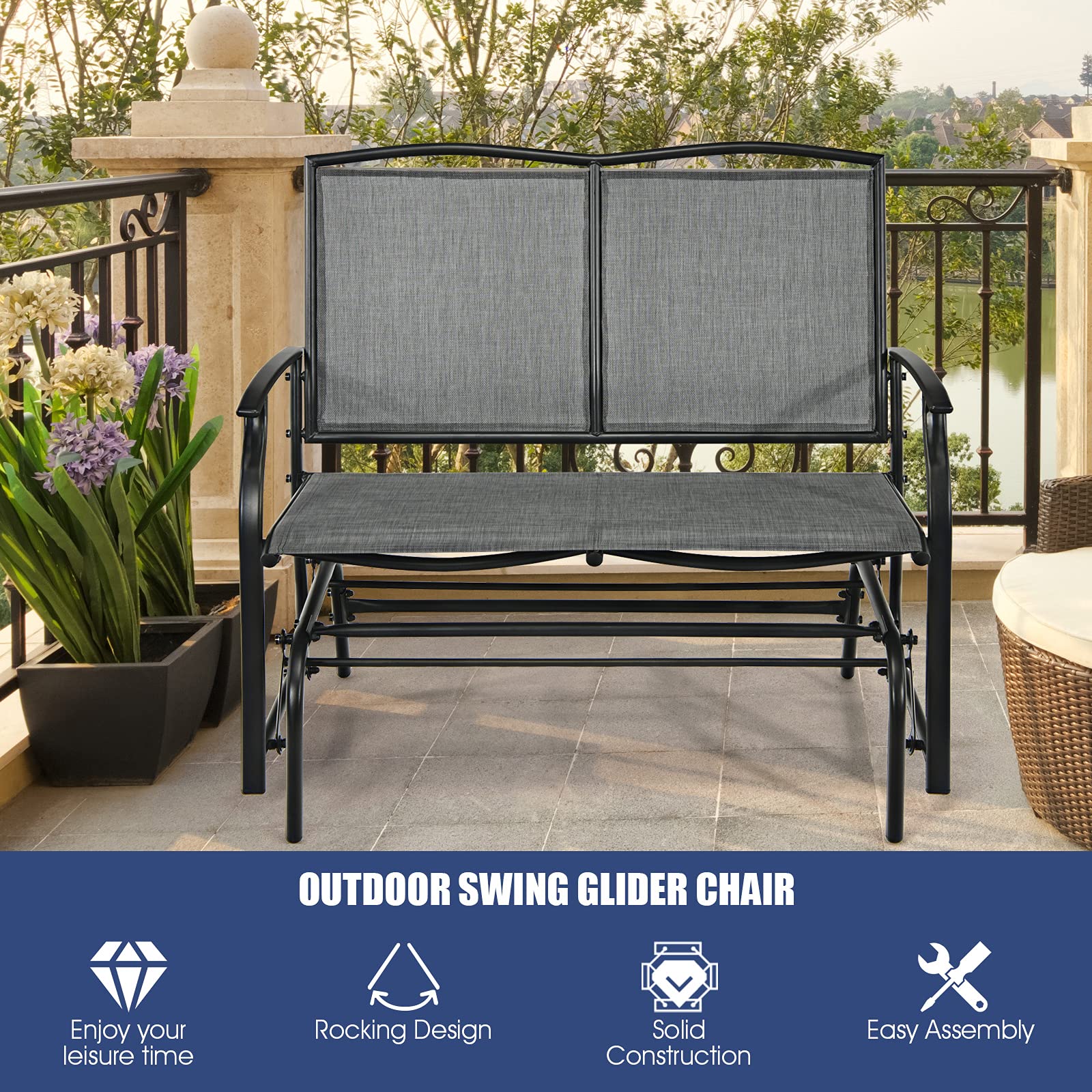Giantex Patio Glider Benches for Outside, Swing Glider Chair with Steel Frame, 400 LBS Capacity, Patio Swing Rocker, 2-Person Loveseat for Backyard, Poolside, Lawn, Balcony, Porch Glider Bench(Gray)
