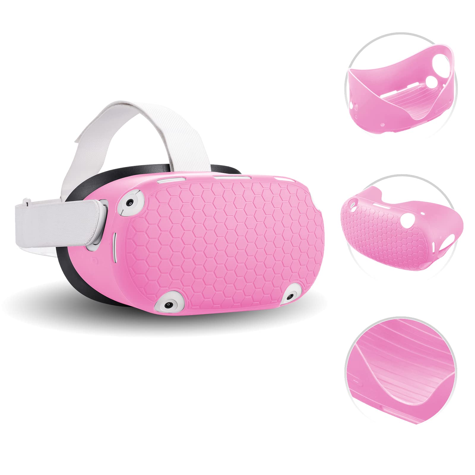 Compatible with Oculus Quest 2 Silicone Case Accessory with VR Case Cover, Silicone VR Face Cover Pad and Touch Controller Grip Cover Compatible with Quest 2, Lens Cover, Eye Mask (Pink)