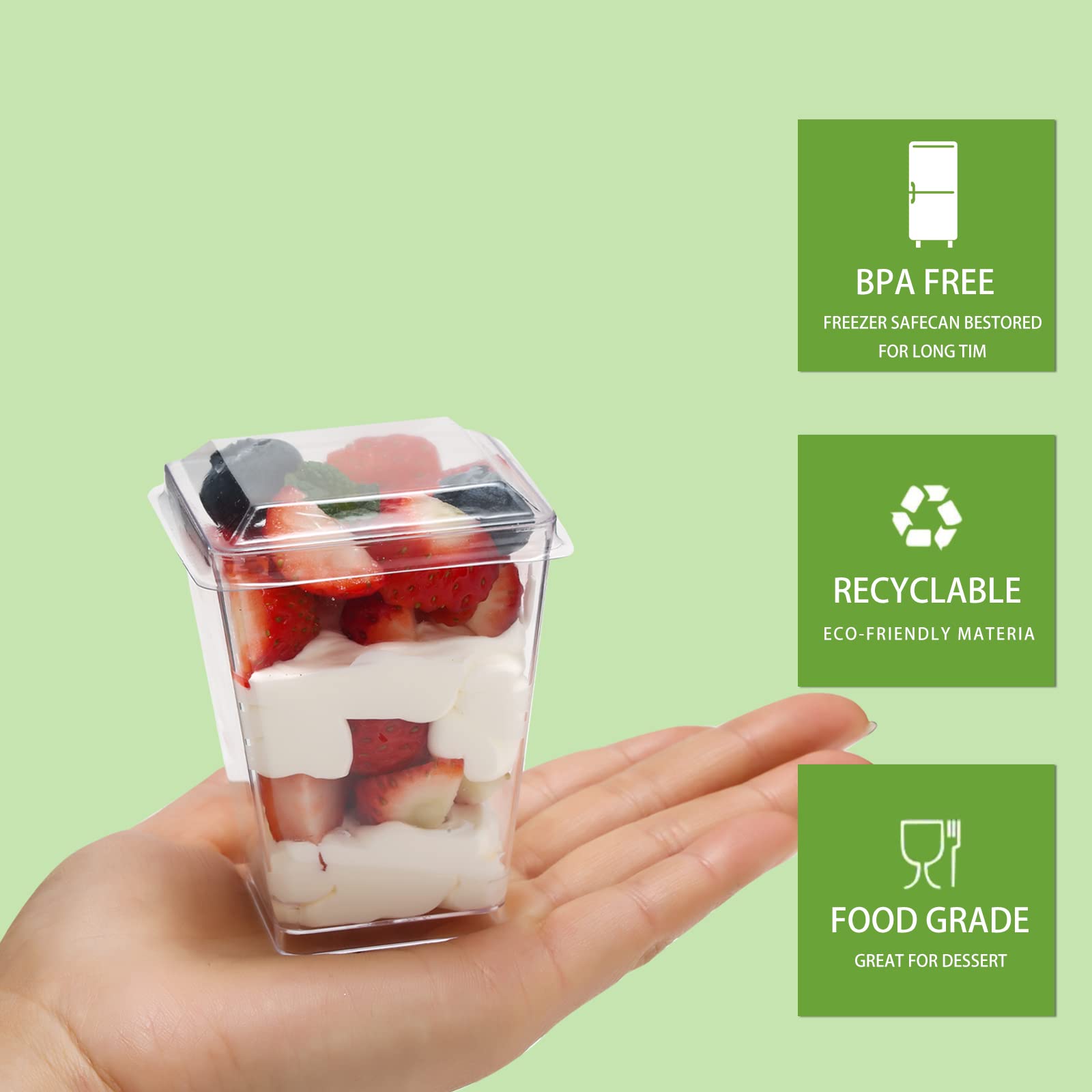 Doloburn 100Pack 5oz Square Dessert Cups with Lids and Spoons, Parfait Cups Clear Dessert Shooter Cups Appetizer Cups for Party with Pudding Fruit Ice Cream Cups
