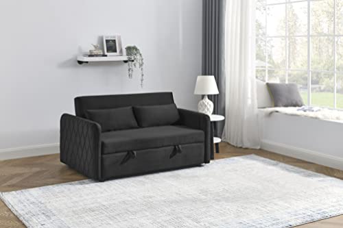 HomSof 2 Pillows and Living Room Adjustable Backrest, Grid Design Armrests 55" Modern Convertible 2 Detachable Arm Pockets, Velvet Loveseat Sofa with Pull Out Bed, Style B, Black