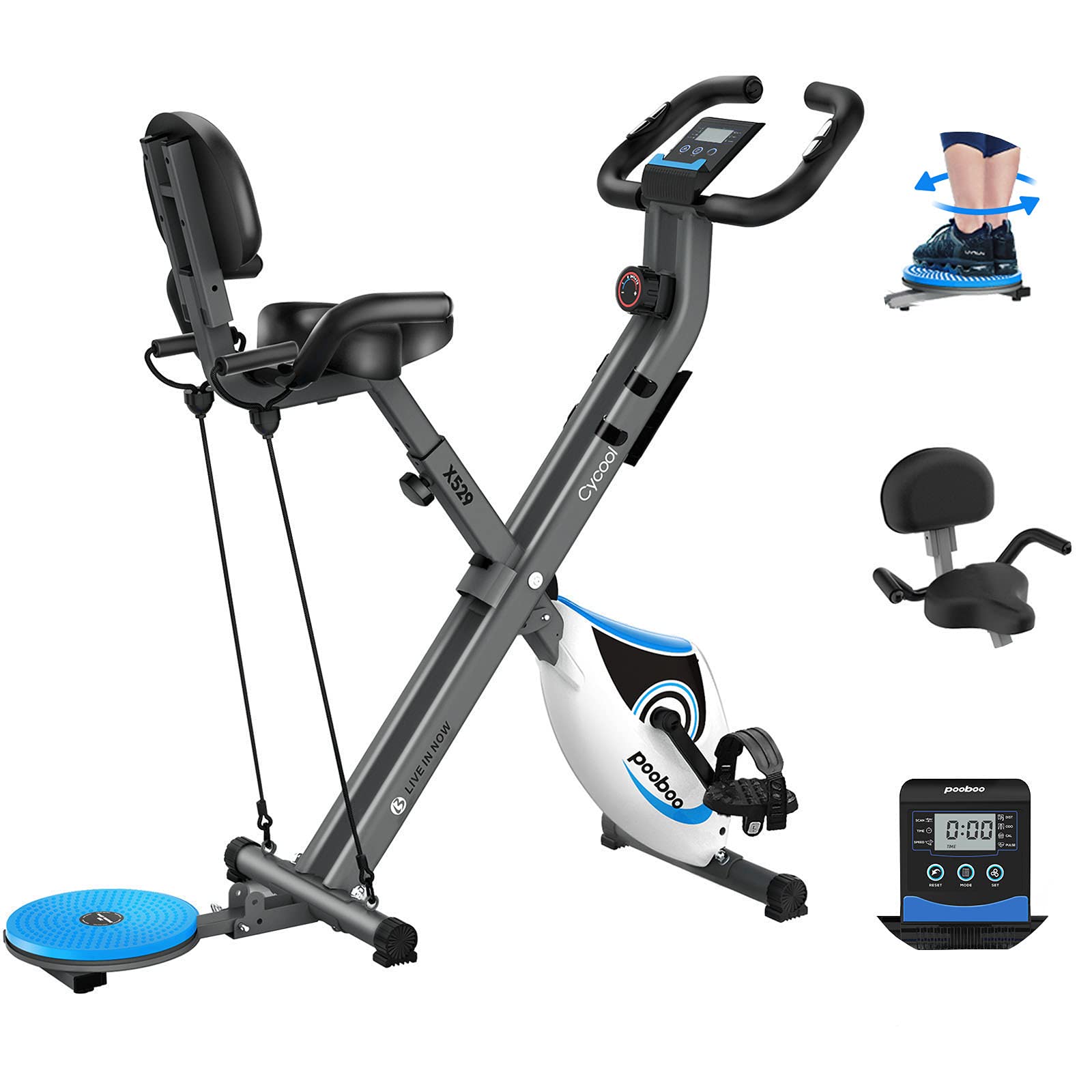 cycool Foldable Exercise Bike Magnetic Stationary Bikes Indoor Cardio Training Cycle with Comfortable Seat Cushion,Twister Plate and Arm Resistance Bands Workout Bicycle (grey)