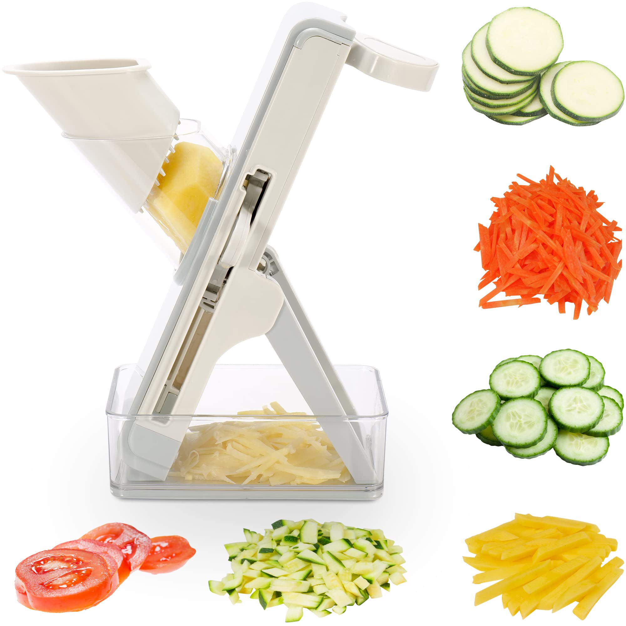 Brieftons Safe Mandoline Slicer for Kitchen, Injury-Free Design, 3 Cutting Modes & 2 Thickness Levels to Slice, Dice, Chop, Julienne Vegetables, with Container/Lid, Cleaning Brush & 5 Recipe Ebooks