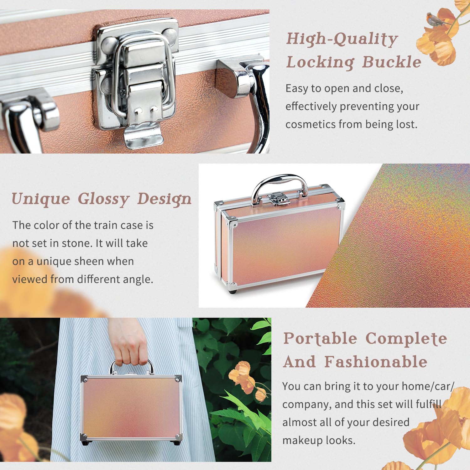Color Nymph Beginner Makeup Kits For Teens With Train Case Included Full Makeup Kit Eyeshadow Palette Blushes Bronzer Highlighter Lipstick Brushes Mirror(Gold)