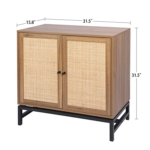 Sideboard Buffet Side Cabinet with Natural Rattan and 2 Magnetic Door, 2-Tier Storage Cabinet Accent Cabinet Console with Metal Bracket, for Living Room Bedroom, Entryway (Rattan Low Leg)