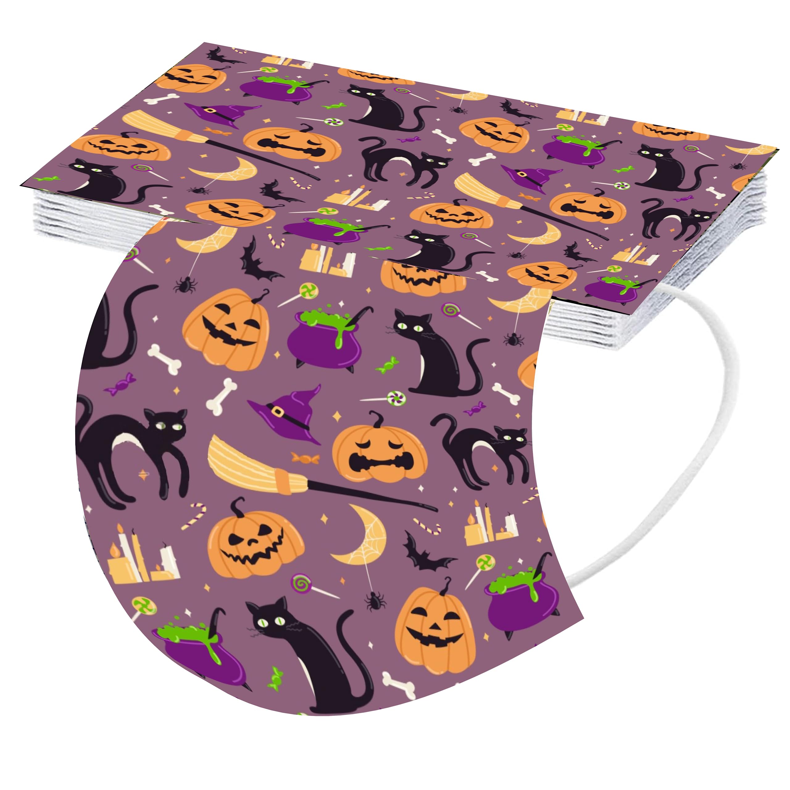 GOGCIAO Halloween Disposable Face Cover with Designs for Adults Women,3-Ply Pumkin Printed Pattern with Nose Wire,50Pcs (Halloweenn B)