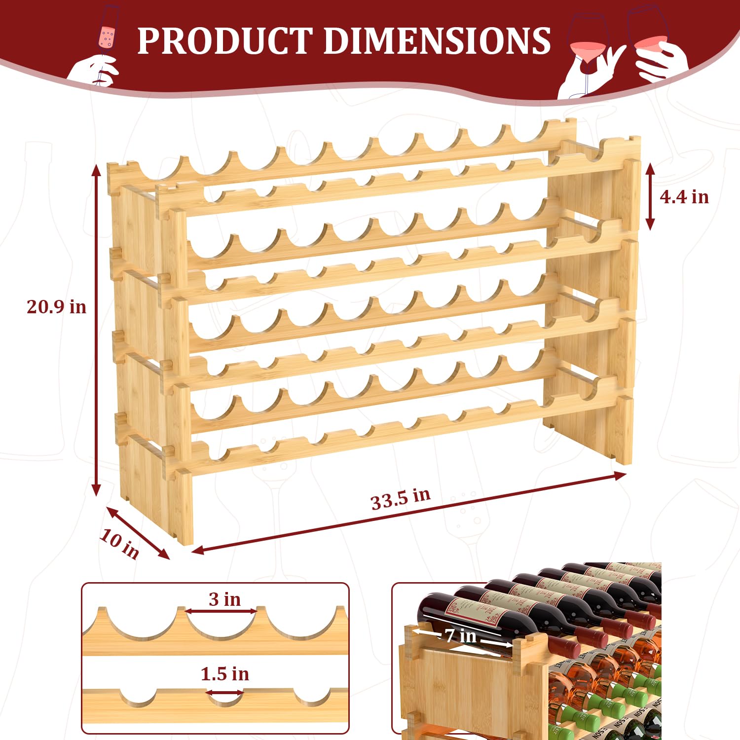 Domax Wine Rack Freestanding Floor - 4 Tiers Stackable Wine Rack 36 Bottle Wine Bottle Holder, Bamboo Wine Holder Wine Storage for Kitchen, Bar, Pantry, Wine Cellar and Countertop (Yellow)