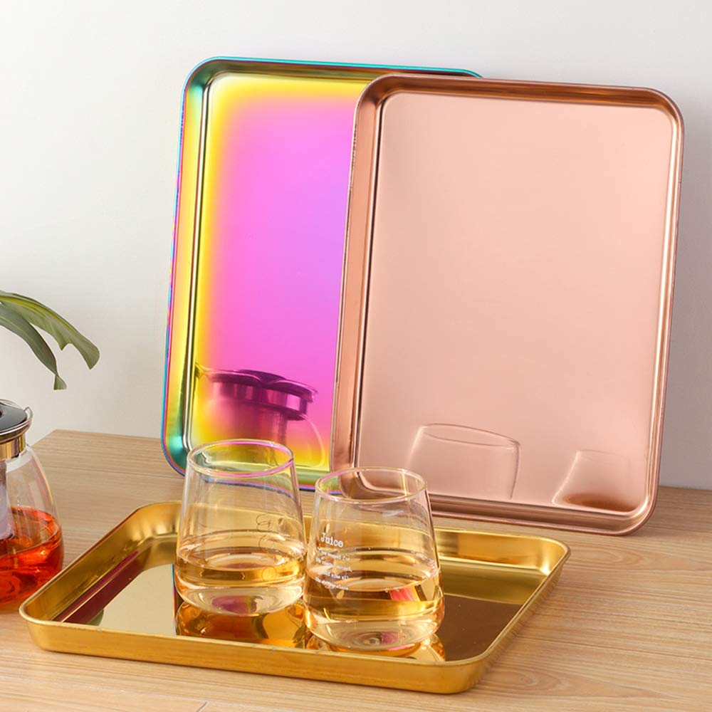 Dongbo Stainless Steel Dessert Serving Trays for Coffee Table Food Barbecue Rainbow Dish Fruit Plate Breakfast Tray Kitchen Accessories, 31.3*24.5*2.5 cm