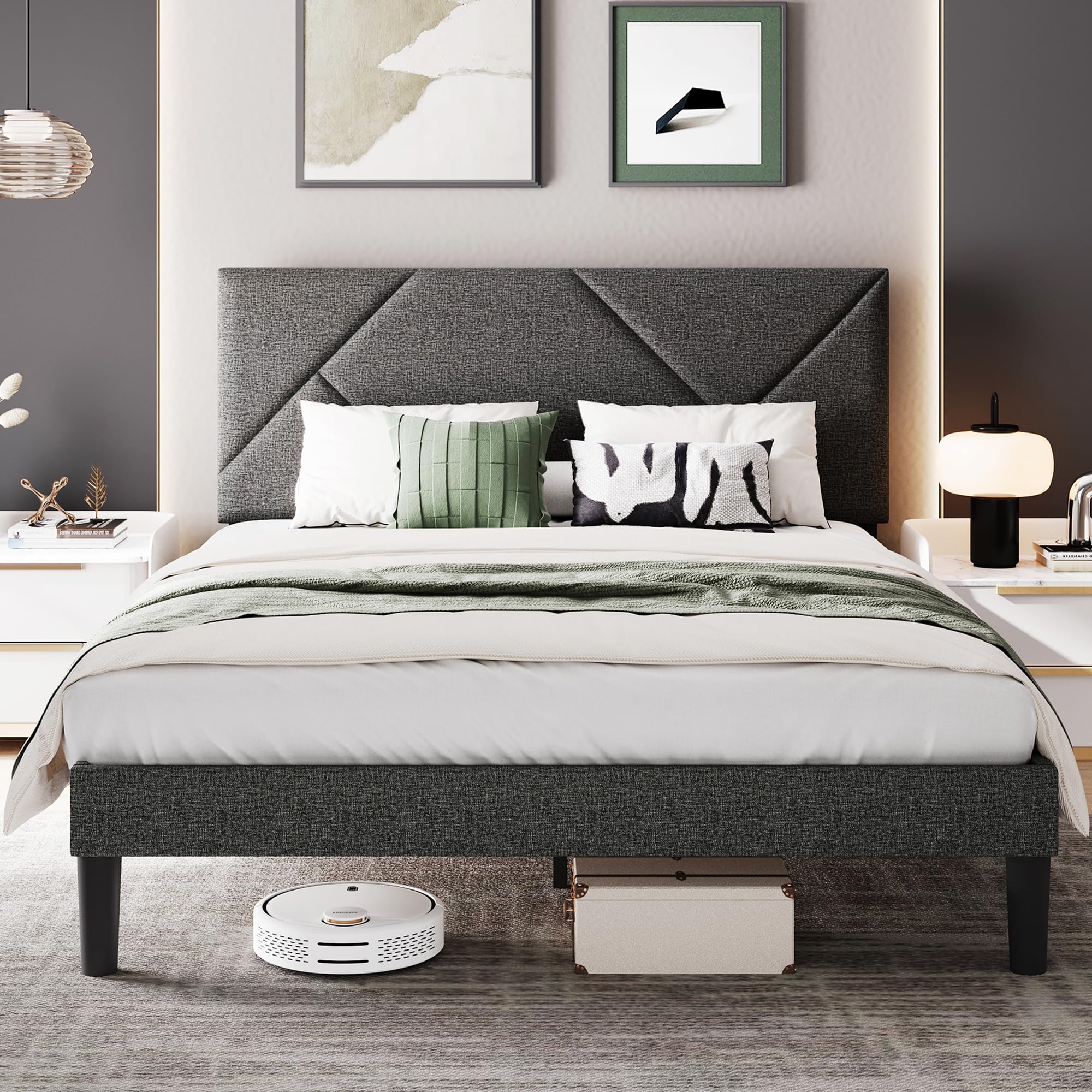 LINSY Queen Bed Frame with Adjustable Headboard, Linen Upholstered Platform Bed with Solid Wooden Slats, Heavy Duty Bed Queen Size, NO Box Spring Needed, Noise-Free, Grey