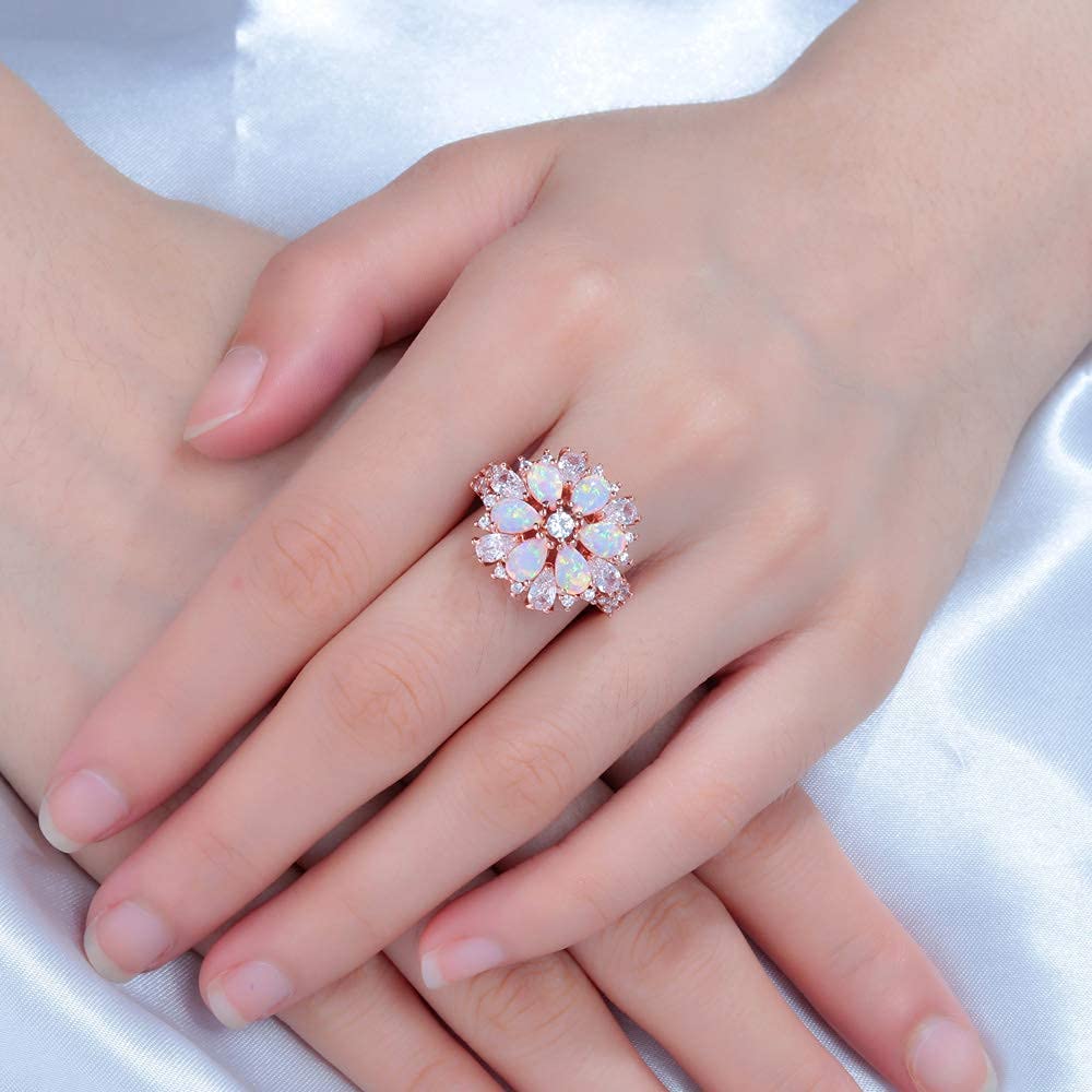 CiNily Flower Opal Ring-Pink Opal Cubic Zirconia CZ Ring 14K Rose Gold Plated Gemstone Promise Engagement Ring for Women (8)