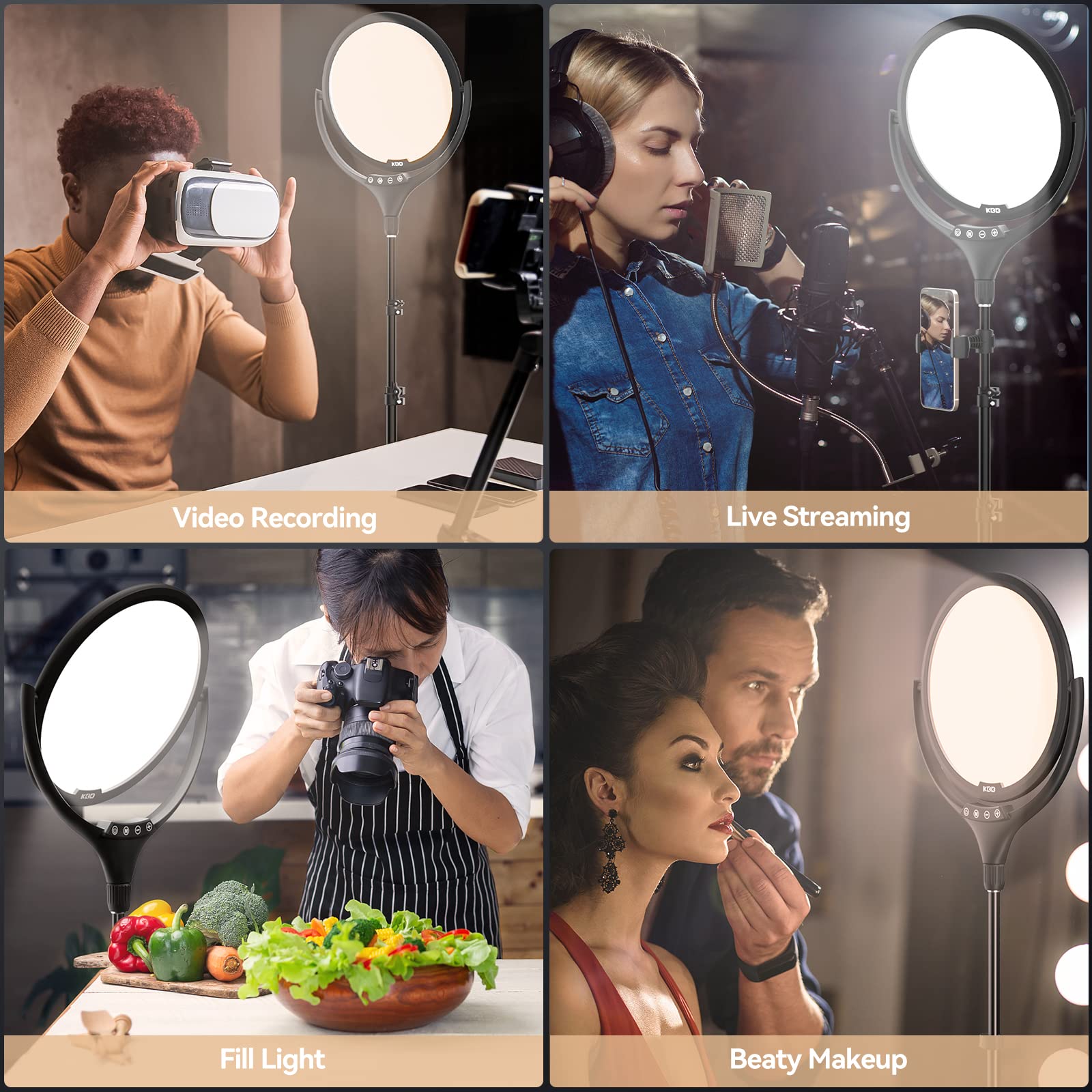 Full Screen Key Light for Streaming, Led Video Recording Lighting with Stand and Phone Holder, Professional Ring Light Kit with Stepless Dimming for Photography/Game Streaming/Makeup/TikTok/YouTube