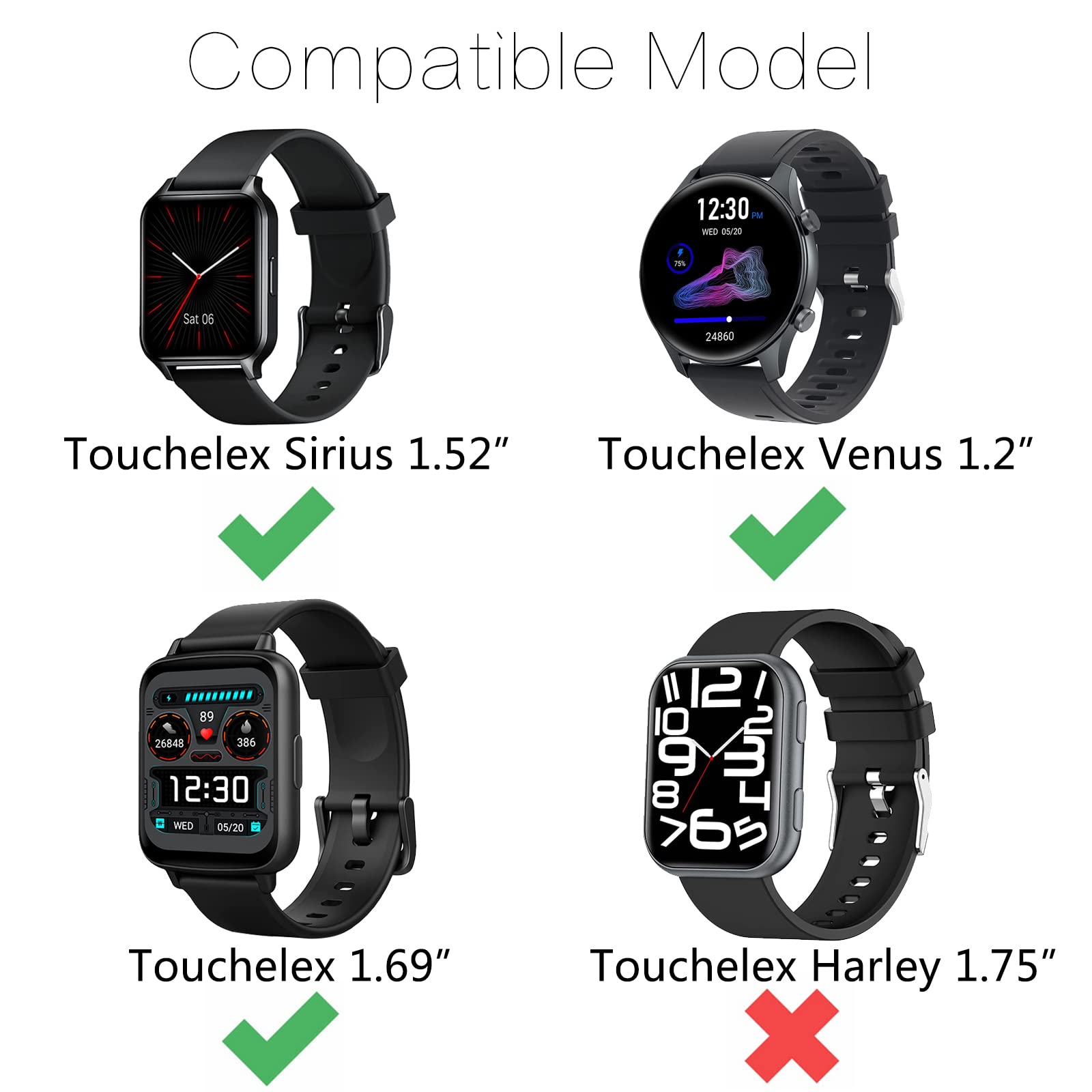FitTurn Watch Band Compatible with TouchElex Venus 1.2" Smart Watch Straps for TouchElex Sirius 1.52" Smart Watch Bands Silicone Replacement Bracelet (5 Pack B)