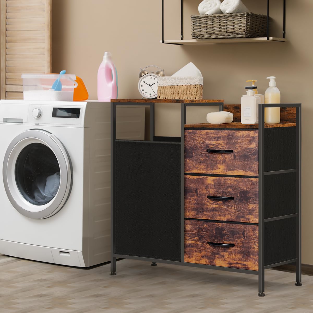 Laundry Hamper, Laundry Basket with Shelves, Laundry Sorter with 3 Tier Sliding Folding Storage Basket, Bathroom Laundry Room Organization and Storage, Dirty Laundry, Towel, Rustic Brown