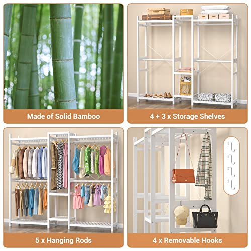 Homykic Bamboo Clothes Rack, Large Closet System Clothing Rack for Hanging Clothes, Freestanding Garment Rack with Shelves and 5 Rods, Open Wardrobe Organizer with 4 Hooks, 70”Wx77”H, White