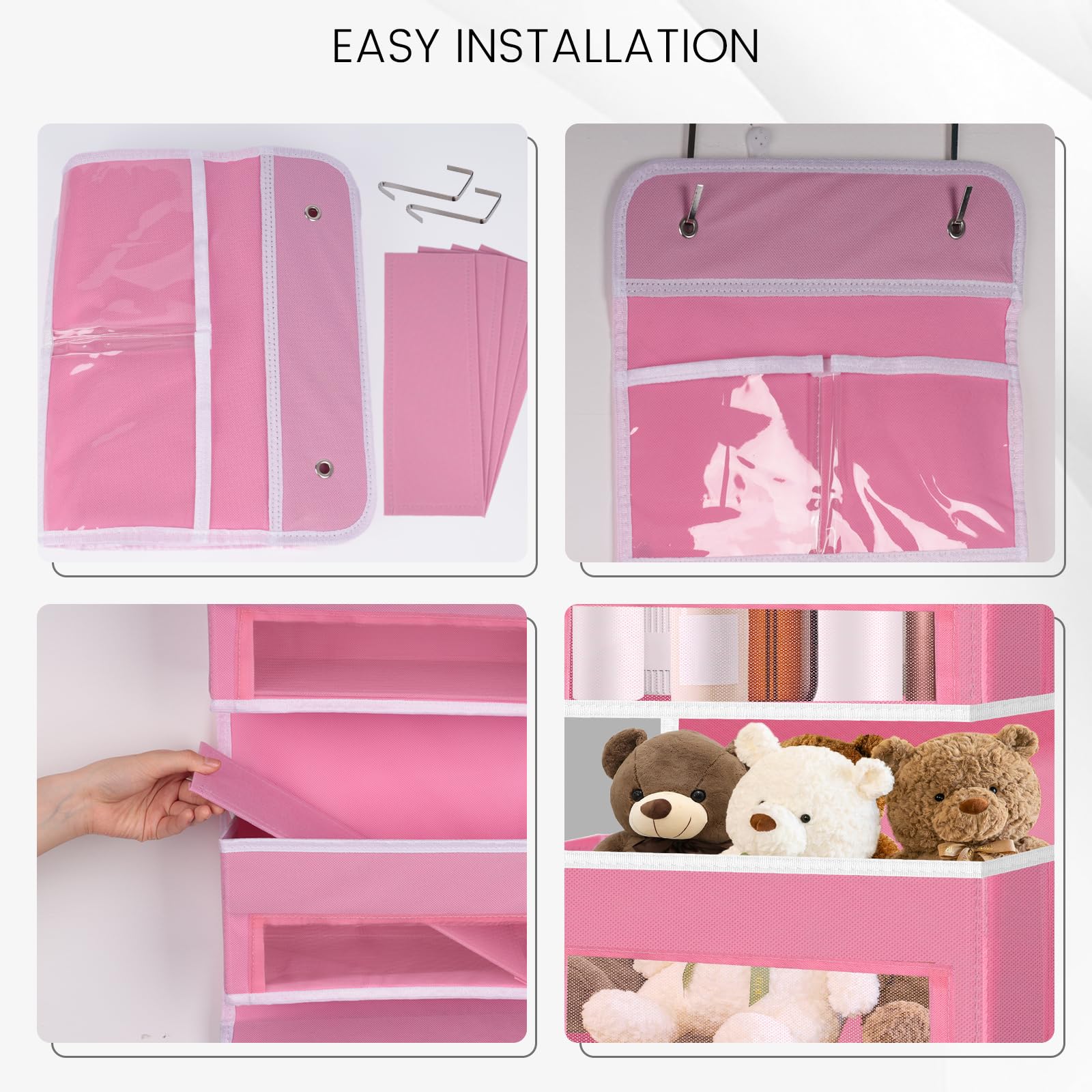 HAKACC Door Hanging Organizer Nursery Closet Cabinet Baby Storage,Upgrade Hanging Storage with Clear Window with 4 Large Pockets and 2 Small PVC Pockets for Cosmetics,Toys and Sundries,Pink