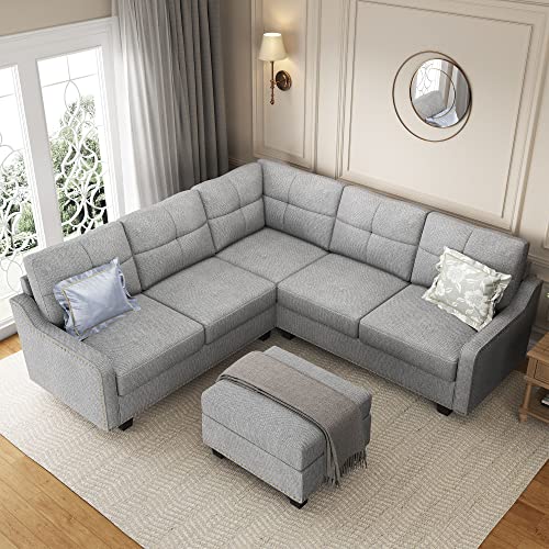 HONBAY Convertible Sectional Sofa, L Shaped Couch with Storage Ottoman, Reversible 4 Seat Corner Sofa for Small Apartment,Light Grey