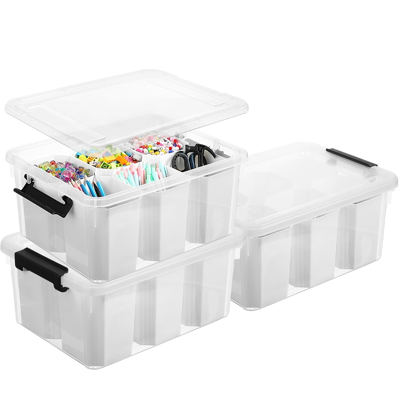 Layhit 3 PCS Storage Box with Removable Tray 17 QT Clear Plastic Storage Container for Seasonal Decor, Tool, Office Supplies, Art, Craft Supplies, Sewing Utility Box (Insert Bucket Style)