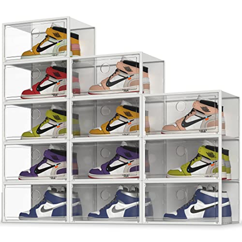 SEE SPRING 12 Pack Medium + 12 Pack X-large Shoe Storage Box, Clear Plastic Stackable Shoe Organizer for Closet, Space Saving Foldable Shoe Containers Bins Holders (Black Clear)