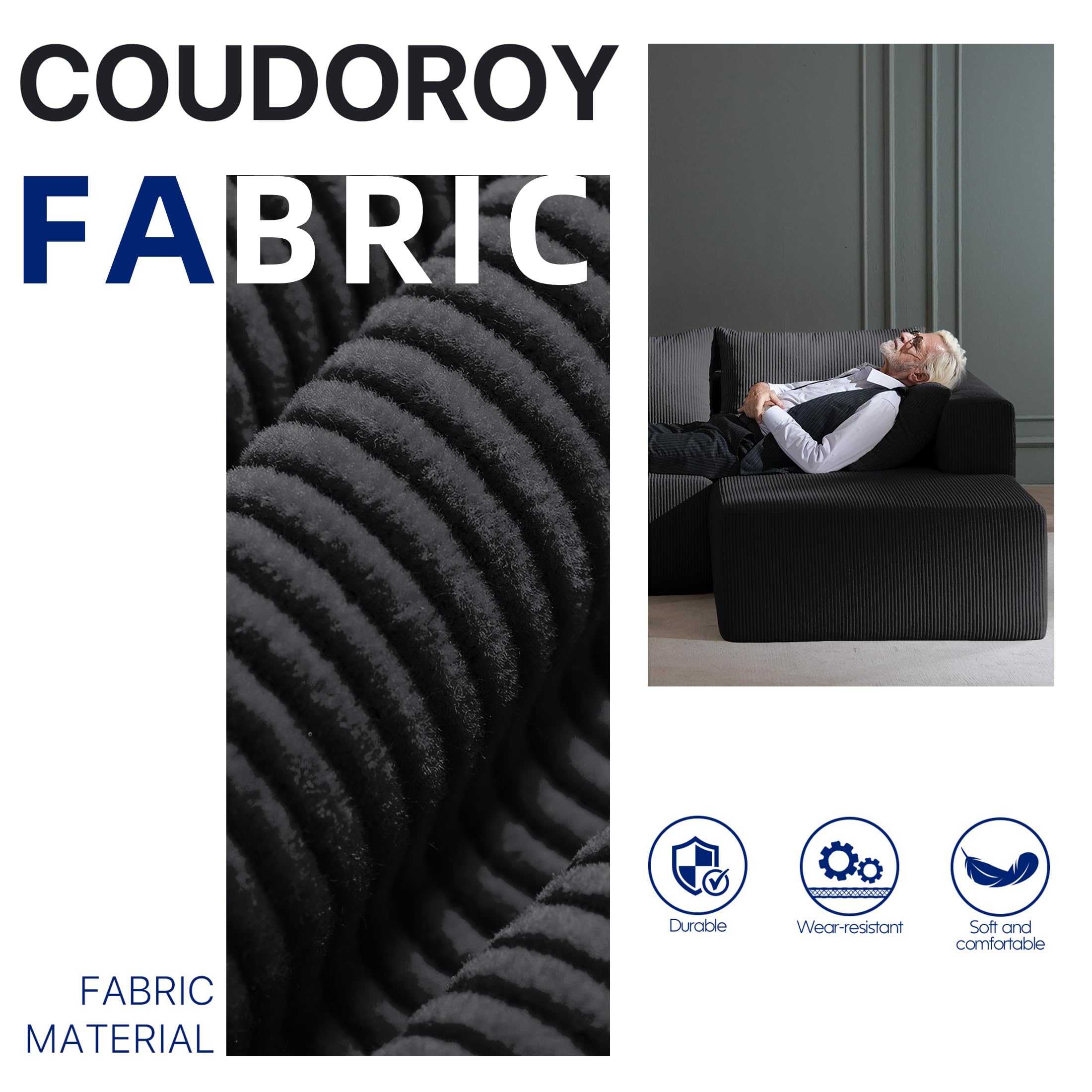 FOCALSWEET 105'' Sectional Sofa, Cloud Couch with L-Shape Chaise, Modern Modular Couches with Deep Seat, No Assembly High-Density Sponge Corduroy Fabric Sofa with 5 Pillows for Living Room, Black