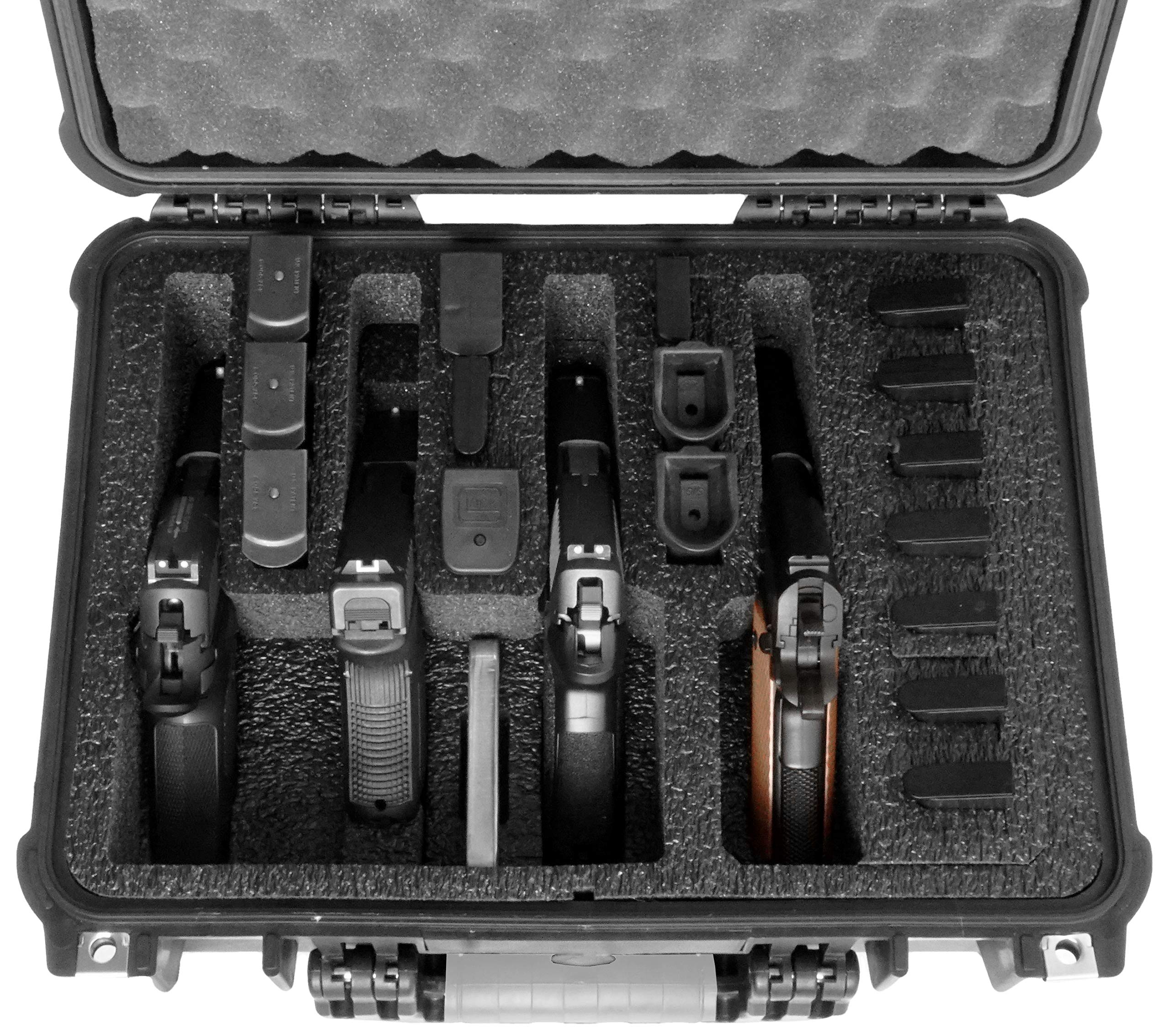 Case Club 4 Pistol and 16 Magazine Pre-Cut Heavy Duty Waterproof Case with Included Silica Gel Canister to Help Prevent Gun Rust (Lighted)