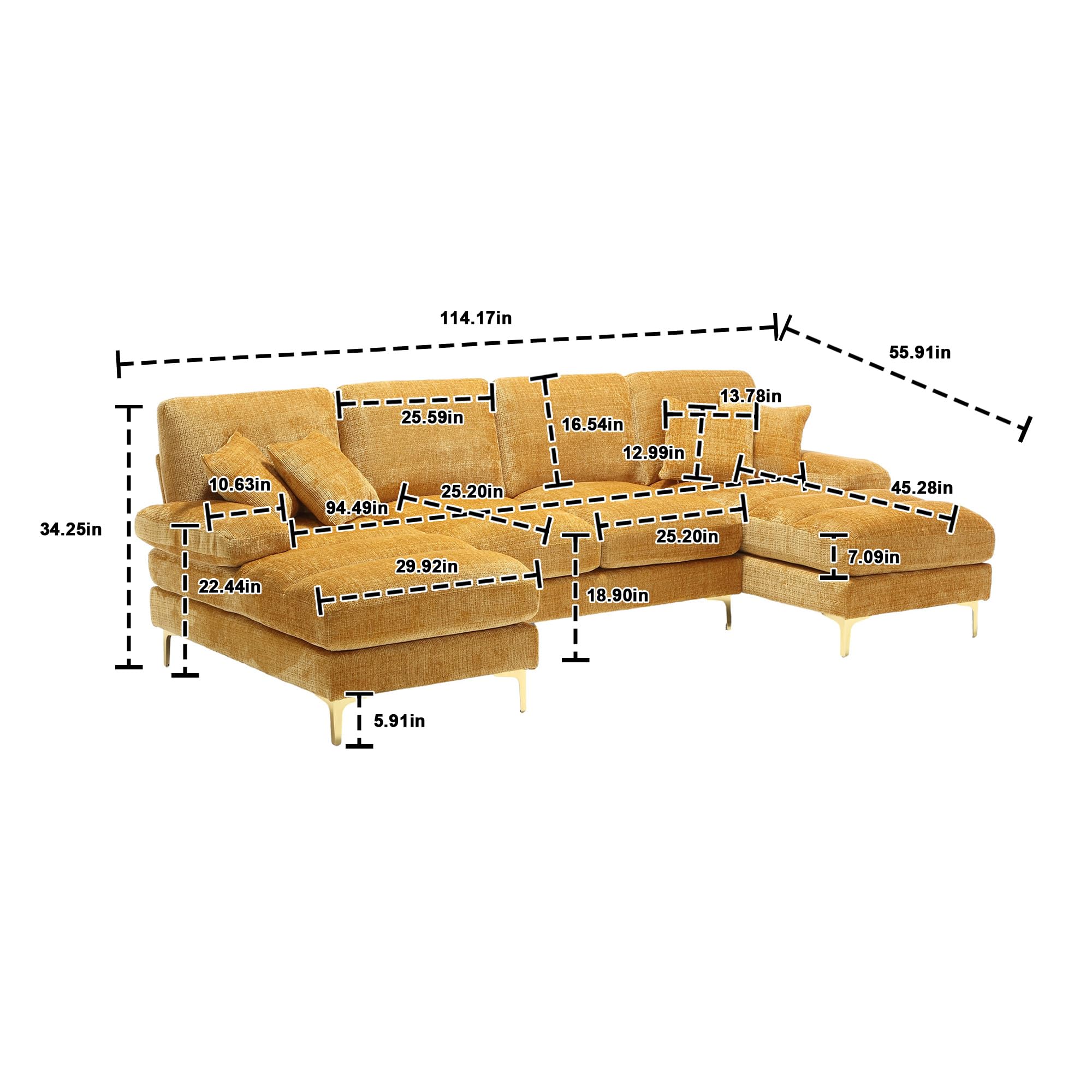 LUCKHAO Modern Large Sectional Sofa with 2 Chaises Lounges, U-Shaped Sectional Couch, Metal Legs, Comfy Deep 4 Seats Upholstered Living Room Furniture(Yellow)