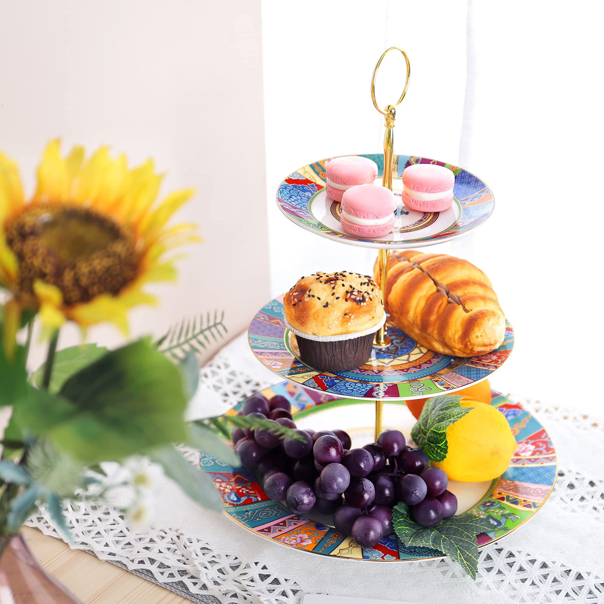 fanquare 3 Tier Vintage Porcelain Cupcake Stand, Green Dessert Stand, Cake Tower, Tea Cake Stand for Birthday, Baby Shower
