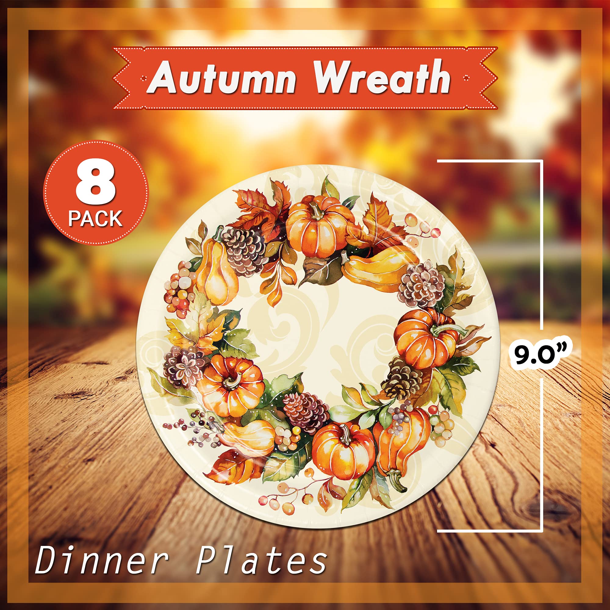 Creative Converting Autumn Wreath Dinnerware Party Bundle | Dinner & Dessert Plates, Luncheon & Beverage Napkins, Table Cover | Thanksgiving Family Dinner, Pumpkins, Cornucopia, Disposable