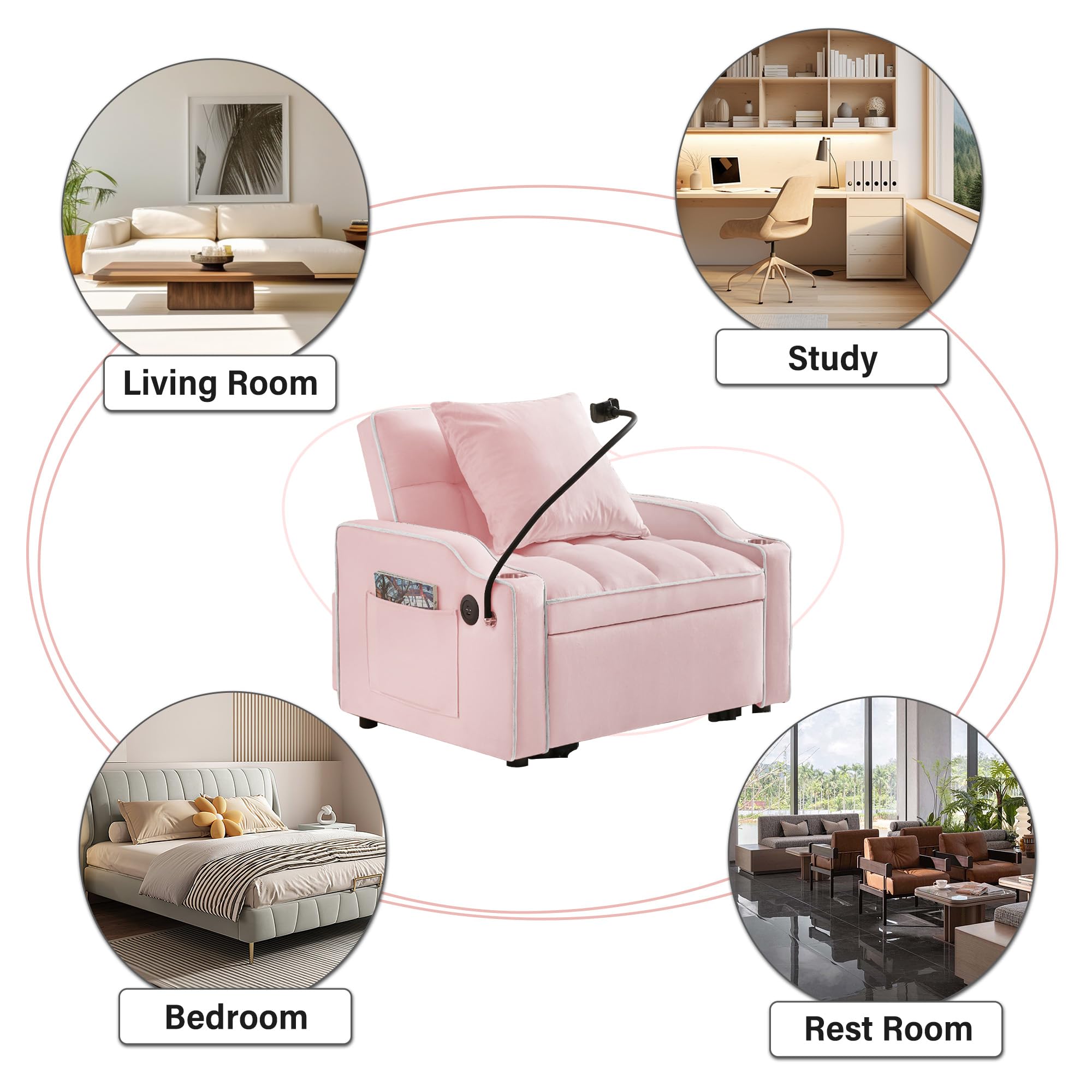 SPOWAY 3 in 1 Sleeper Sofa Couch Bed, Velvet Convertible Single Sleeper Sofa with USB Port and Ashtray and Swivel Phone Stand, Storage Pockets, Pull Out Single Sleeper for Living Room, Pink