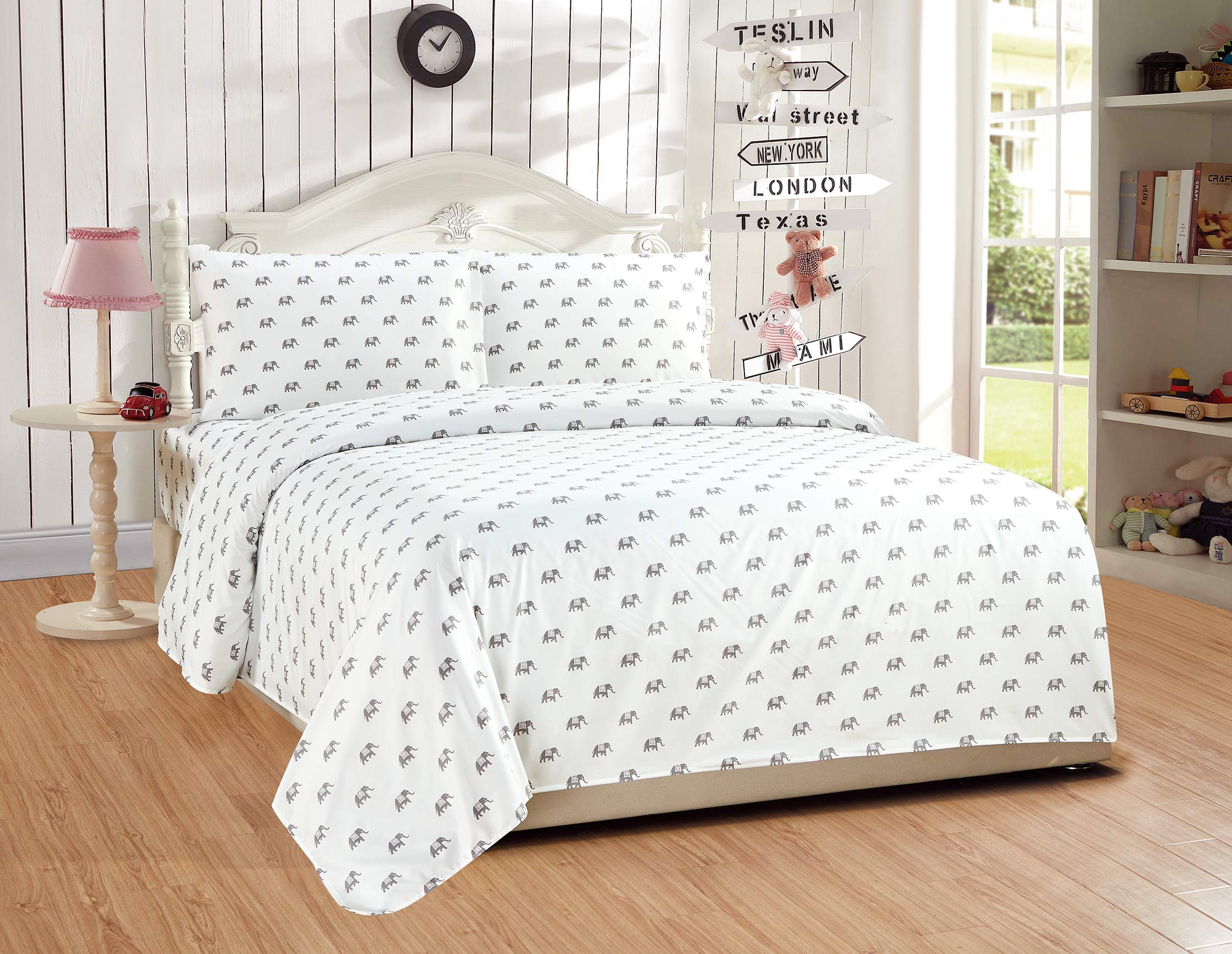 Linen Plus Sheet Set Elephant Grey/White Elephants Flat Sheet Fitted Sheet and Pillow Case Twin Size New