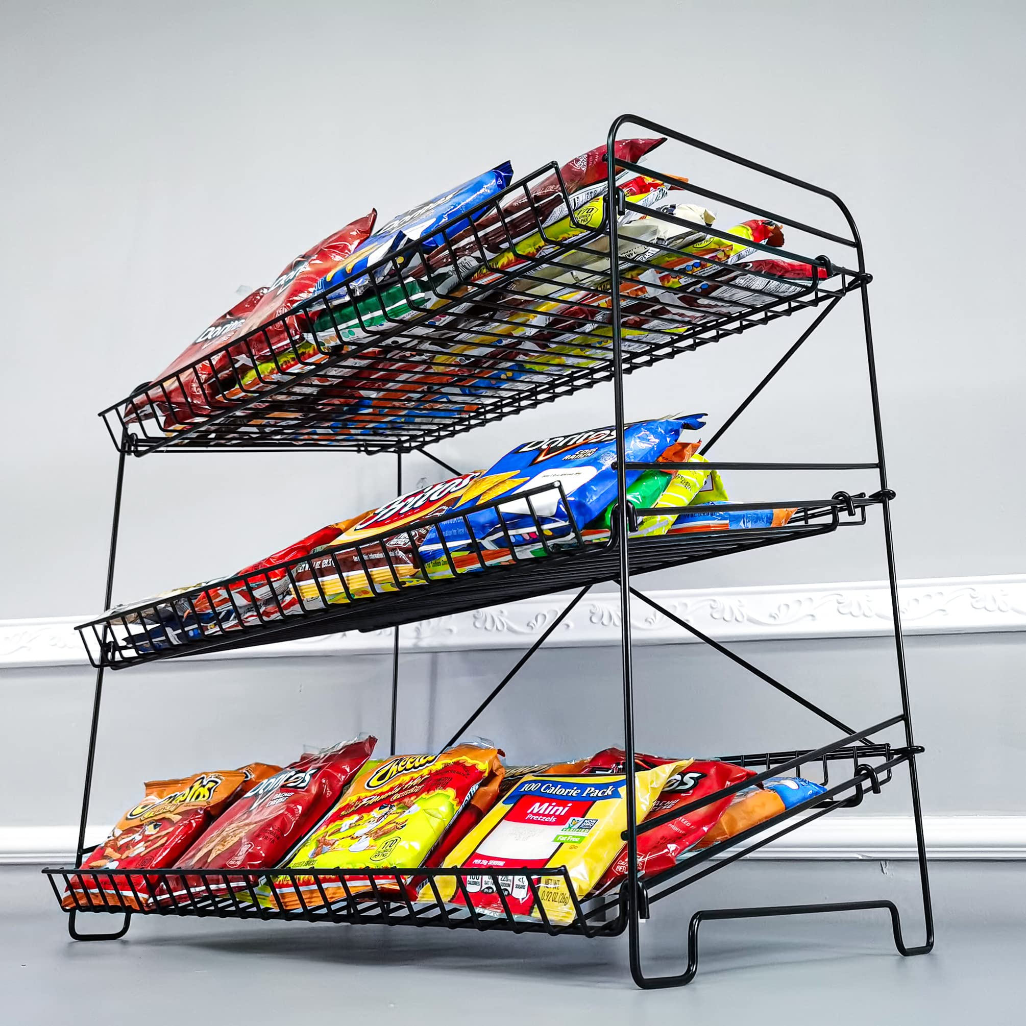 FixtureDisplaysÂŽ 24" Wide X 14.9" Deep X 23.2" Tall 3-Open-Shelf Wire Rack for Countertop Chips Snack Book Display Organizer Concession Theatre Kitchen Pantry Stand Black 19396-NEW-NF