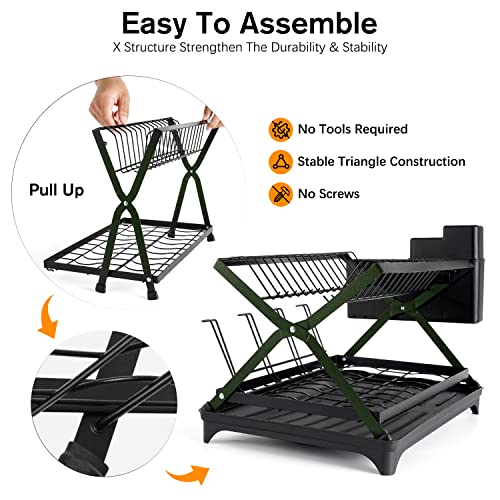 COALA HOLA Collapsible Dish Drying Rack 2 Tier Dish Drainers for Kitchen Counter with Folding Drainboard, Swivel Spout Cup Holder Utensil Knife Holder Stainless Steel -Black