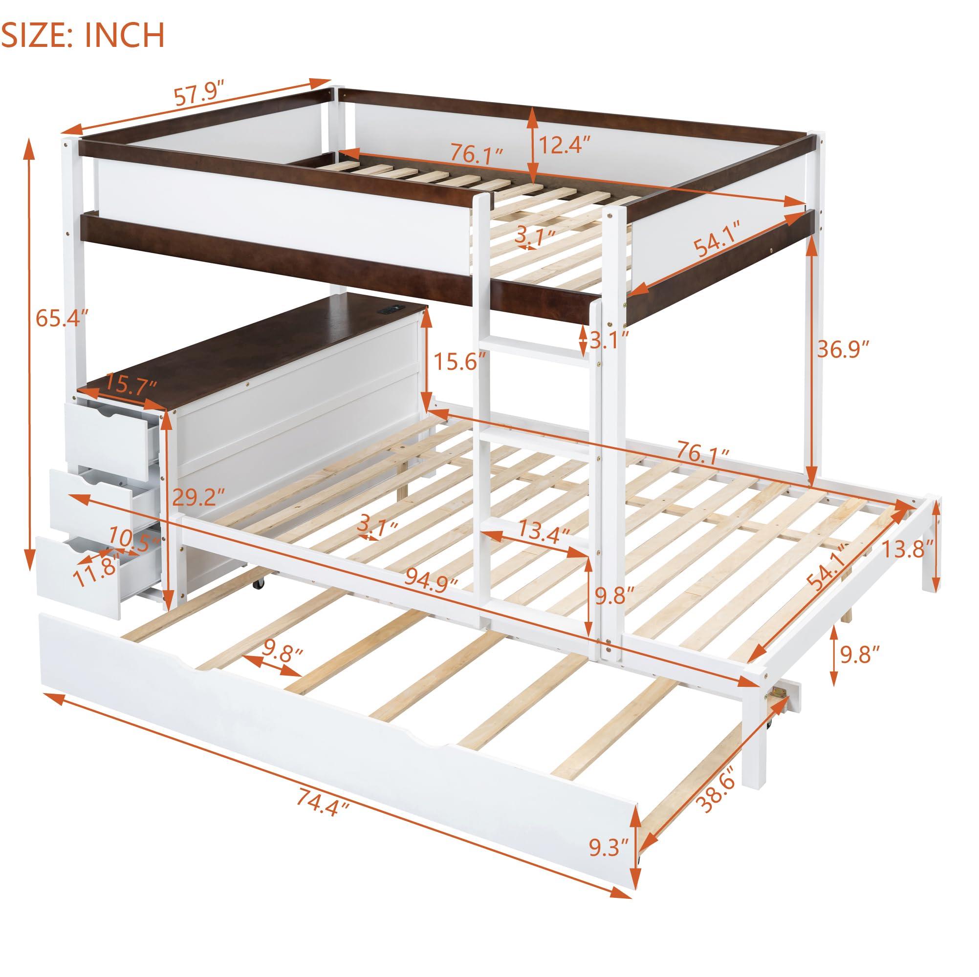 Harper & Bright Designs Full Over Full Bunk Bed Twin Size Trundle, Wood Full Bunk Bed with USB Ports, Storage and Desk, White+Walnut