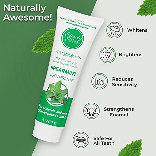 Simply Silver Toothpaste Spearmint - Nano Hydroxyapatite Formula, All Natural Colloidal Silver Toothpaste, Fluoride Free, Sensitive Teeth, Whitening, 4 oz