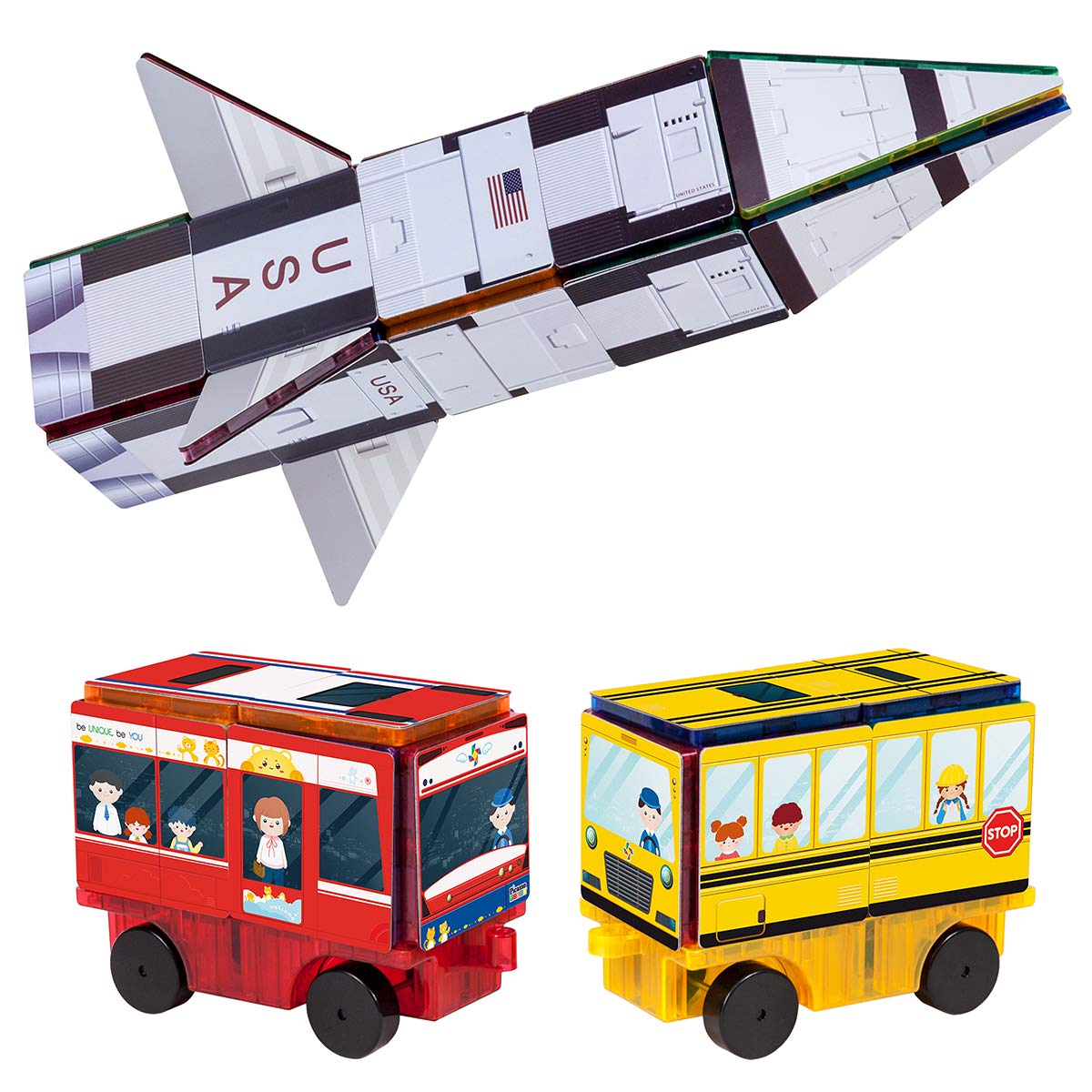 PicassoTiles Magnet Building Blocks STEM Learning Construction Toy Set Early Education Kit 3-in-1 Rocket, School Bus, Train Theme Stick-On Puzzle Pretend Play Magnetic Tiles Kids Building Block Toys