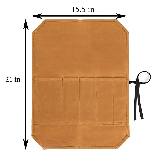 Knife Roll Bags, 16oz Waxed Canvas Knife Holder (5 Slots & Specialized Anti Cutting Fabric), Multi-Purpose Knife Pouch with Tie Rope, Khaki