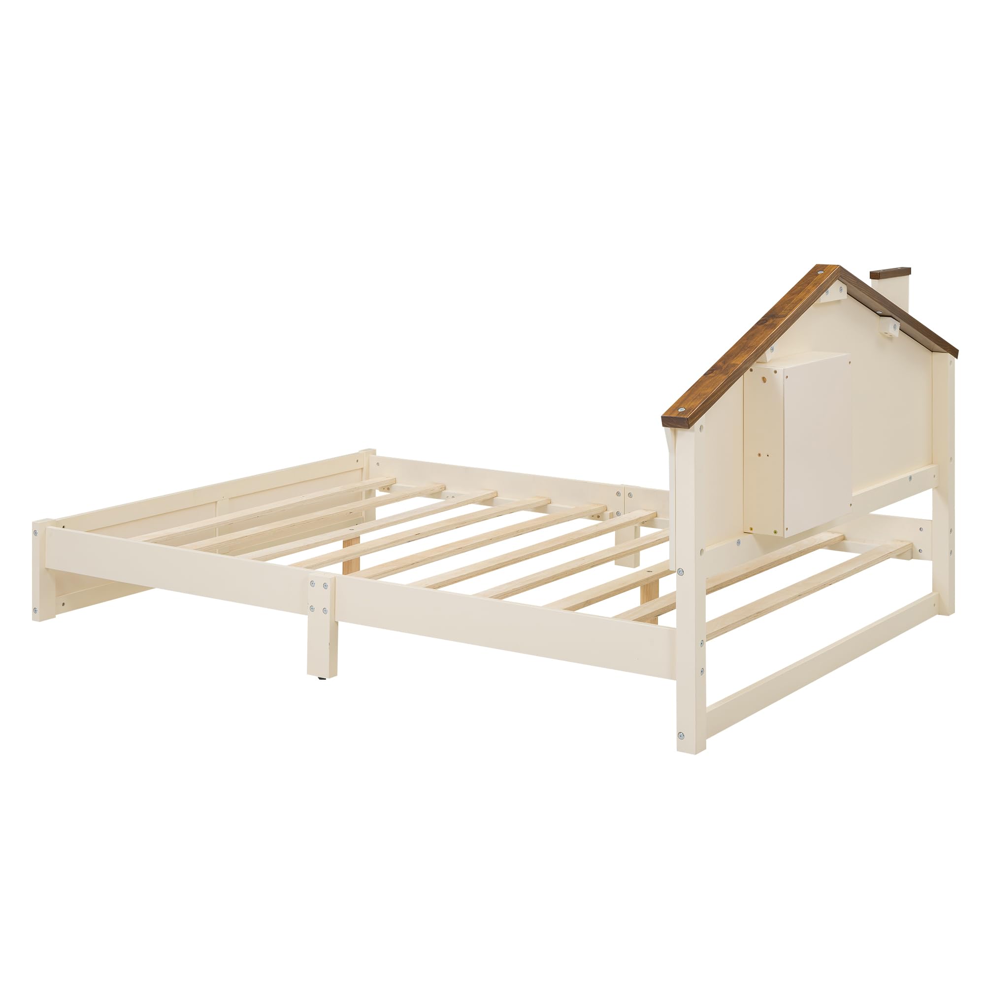 Harper & Bright Designs Full Size Bed Frame with House-Shaped Headboard, Wood Kids Platform Bed with Built-in LED, Cute Single Bed for Girls Boys, No Box Spring Needed (Full,Walnut+Milk White)