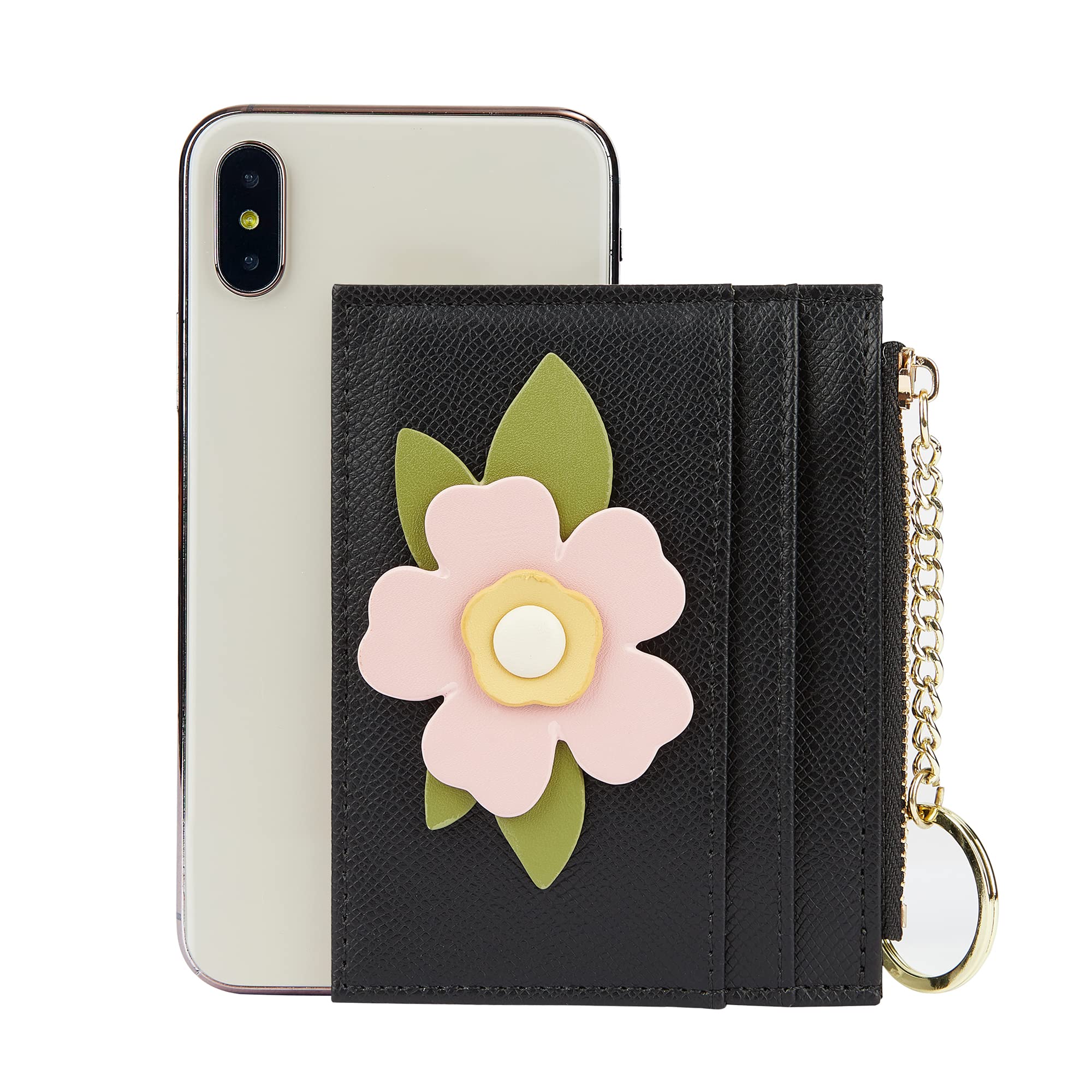 Cynure Women Cute Flower Zipper Card Holder Case Slim Minimalist Leather Front Pocket Wallet, pink