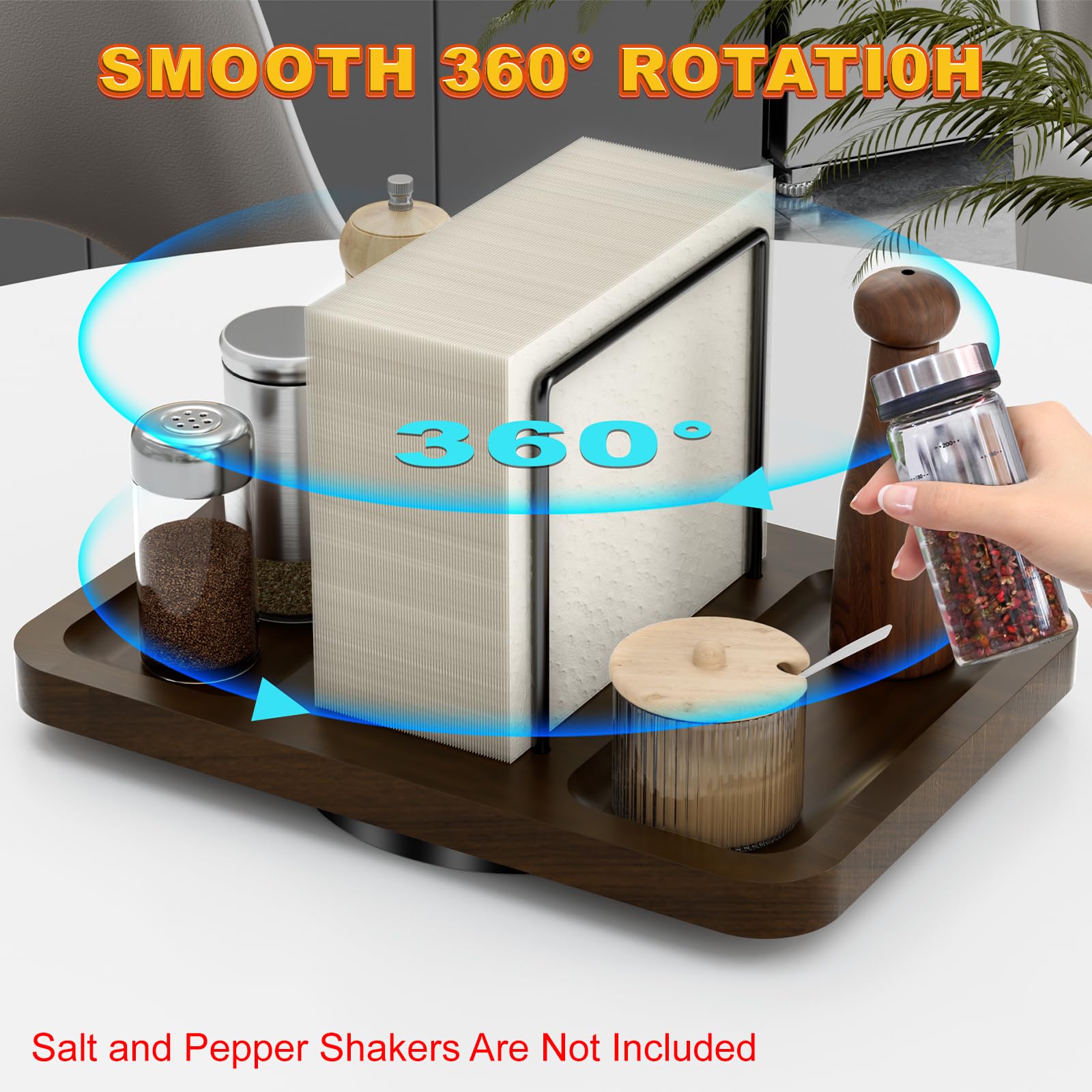 Gomyrod Napkin Holder for Table, Rotating Metal Standing Napkin Dispenser with Salt and Pepper Shakers Caddy Standing Paper Napkin Storage for Kitchen Dining Table Decor Not Including Shakers