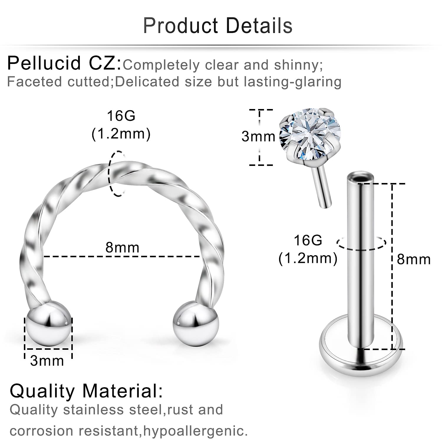 Cisyozi 16G Threadless Push in Lip Rings Hoops Stud Piercing Jewelry Women Stainless Surgical Steel Flat Back Tragus Helix Cartilage Ear Earring Labret Monroe Medusa Ring Stud Piercing Men Silver 8mm