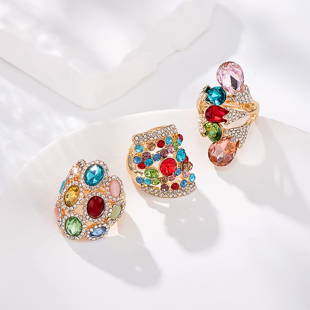 Ecesha 3 PCS/Set Gold Colorful Crystal Oval Teardrop Rhombus Cocktail Rings Set Irregular Geometric Stretch Rings for Women