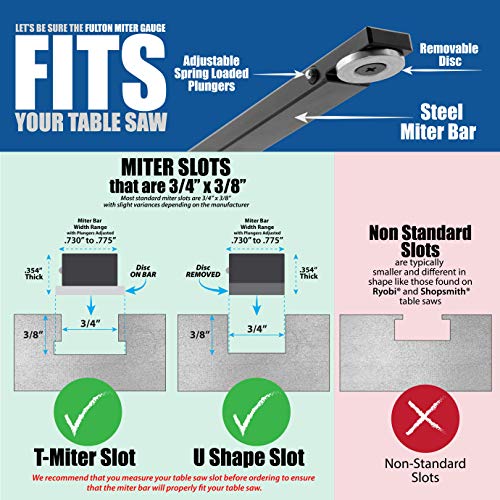 Fulton Precision Miter Gauge with a Standard Slot (3/4β x 3/8β) Steel Bar with Adjustable Spring Loaded Plungers and Removable Retaining Disc