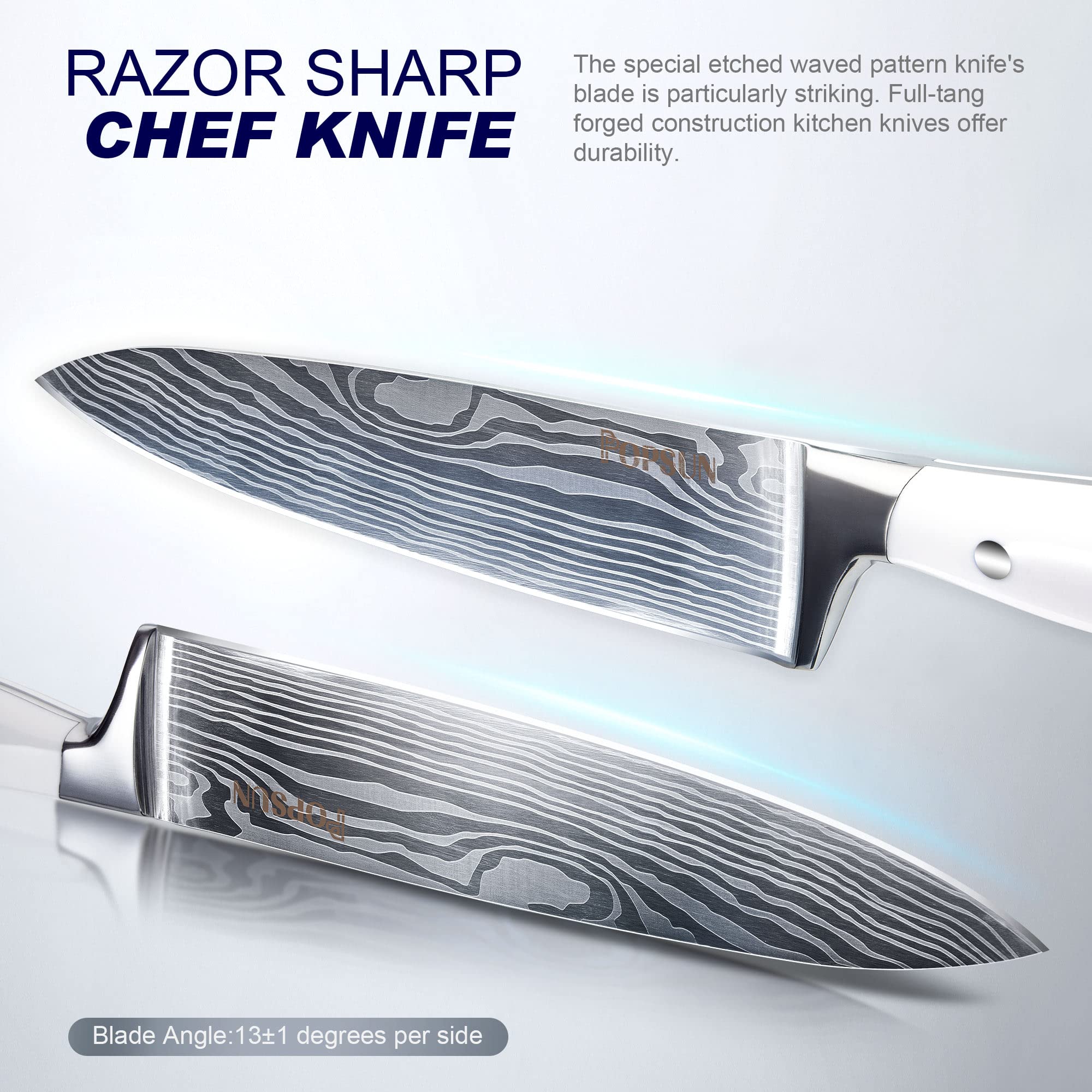 POPSUN Ultra Sharp Chef Knife, 8 Inch Kitchen Knife with Poultry Shear, Professional High Carbon Stainless Steel Chef Knife with Ergonomic ABS Handle
