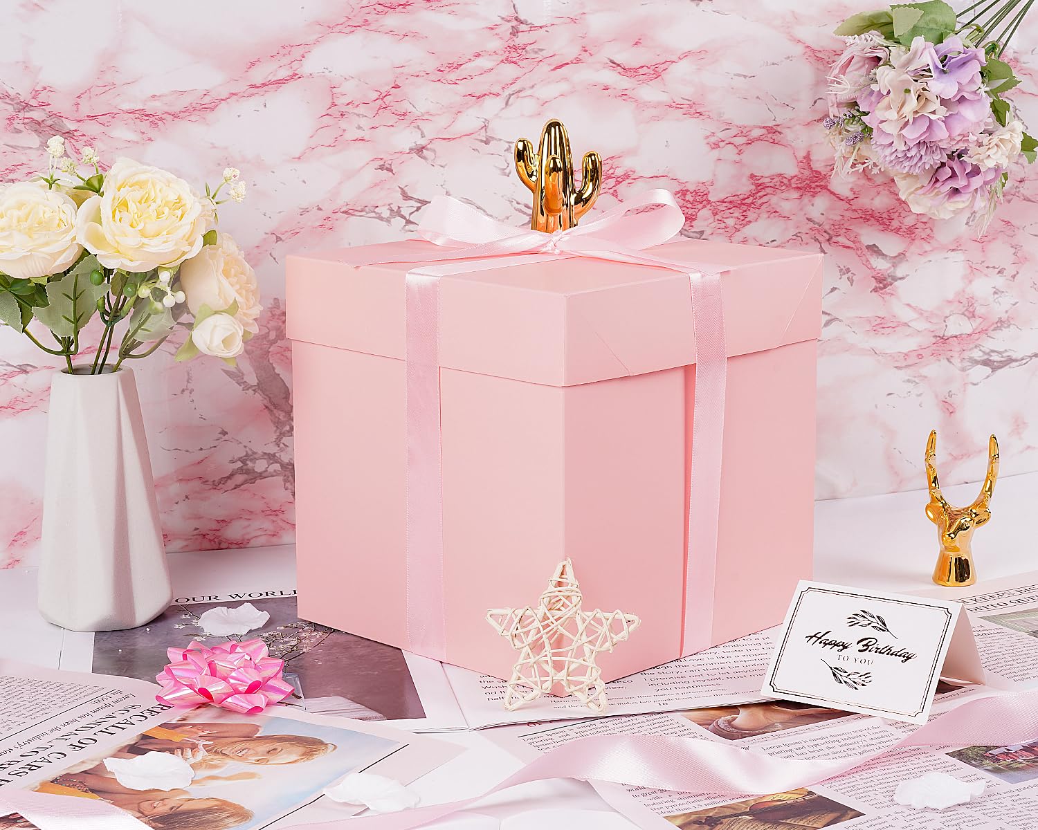 Jaywayang Medium Pink Gift Box with Lids, Ribbon and Tissue Paper, Collapsible, for Birthday, Wedding, Anniversaries, Mother's Day, 8.7x8.7x8.7 Inches