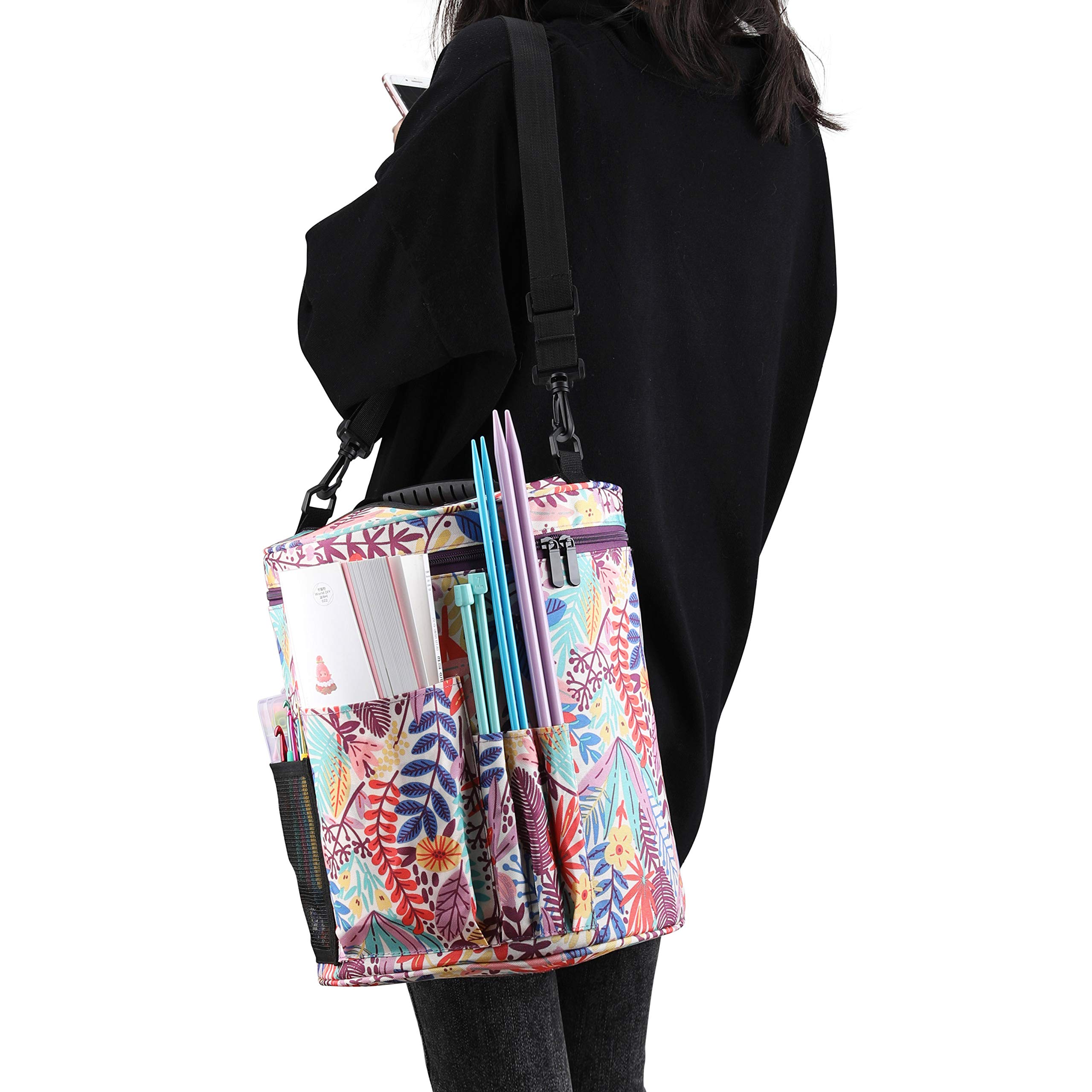 KOKNIT Durable Yarn Storage Tote, Yarn Organizer Crochet Bag with Knitting Accessories Pockets for Beginners and Craft Lovers, Slits on Top to Protect Wool and Prevent Tangling